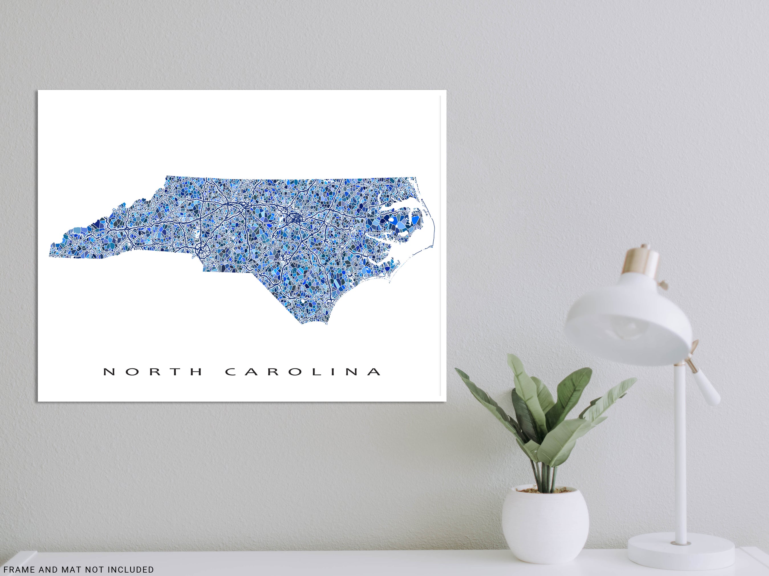 North Carolina Map USA, Blue Geometric NC State Wall Art Print Road Ma ...