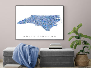 North Carolina Map USA, Blue Geometric NC State Wall Art Print Road Ma ...