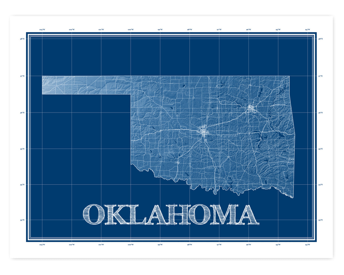 Oklahoma State Map Wall Art Print Poster with Blue Patent Blueprint De ...