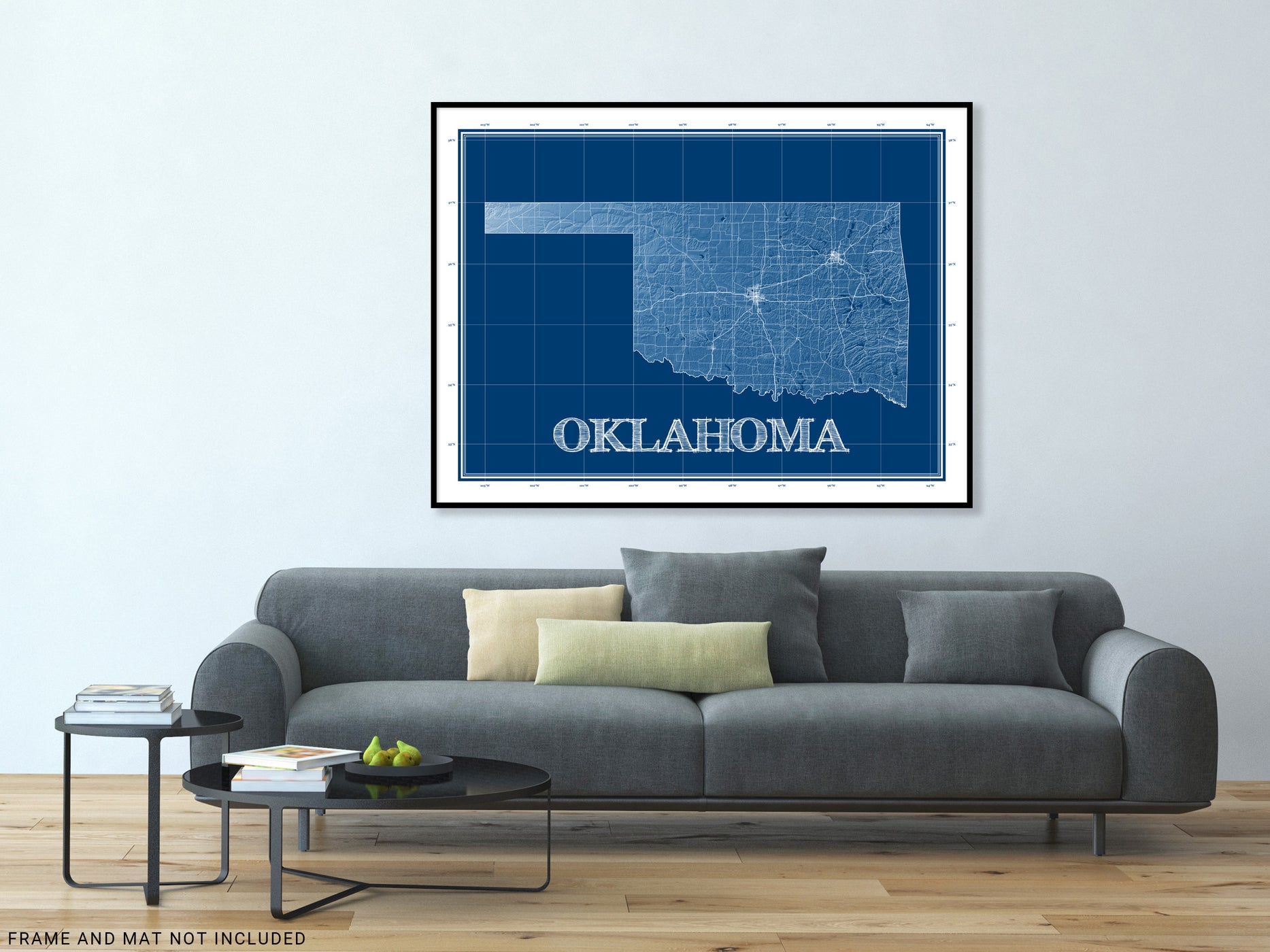 Oklahoma State Map Wall Art Print Poster with Blue Patent Blueprint De ...