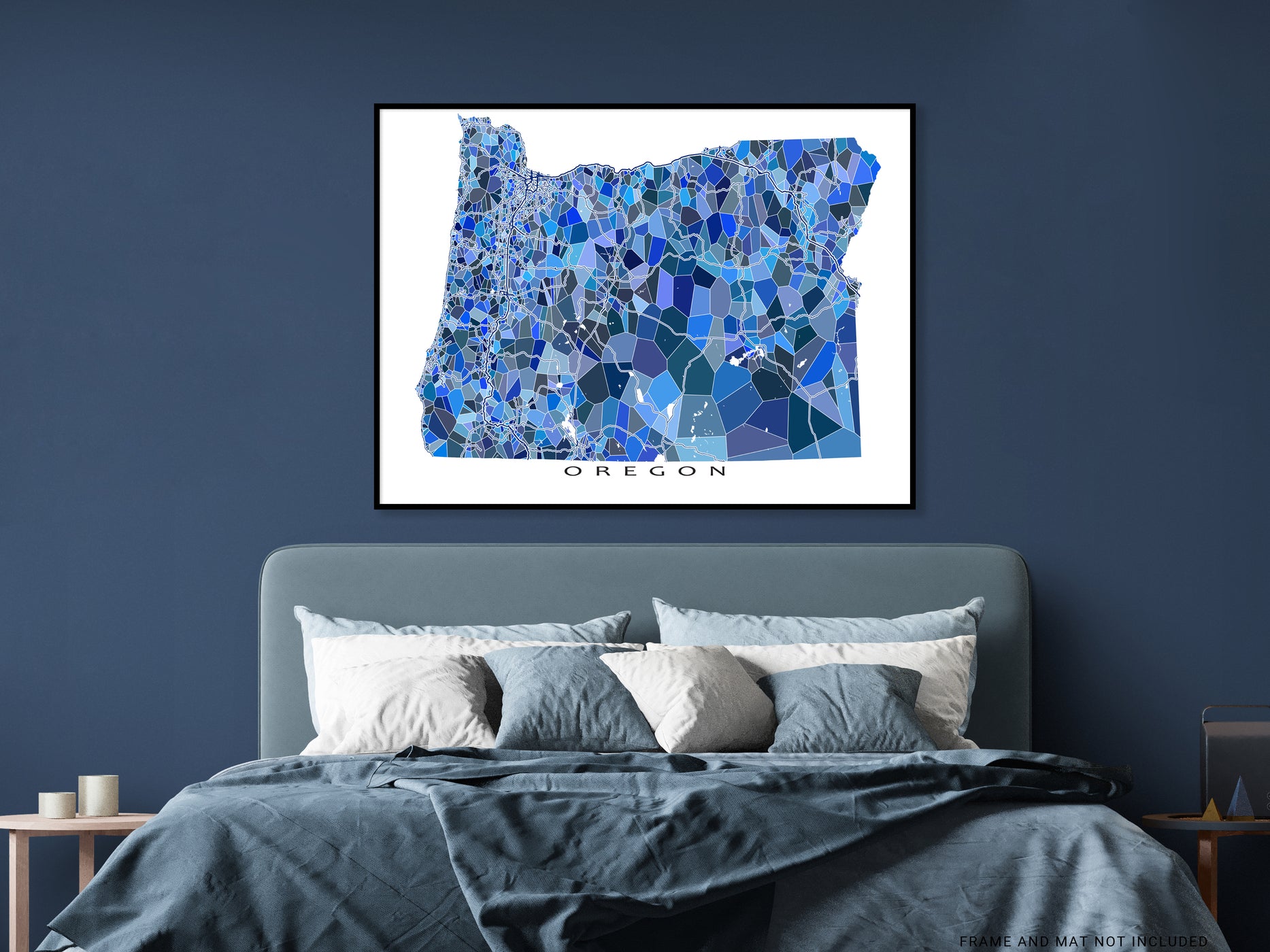 Oregon State Map Wall Art Print Poster, Blue Geometric OR Road Maps, P ...