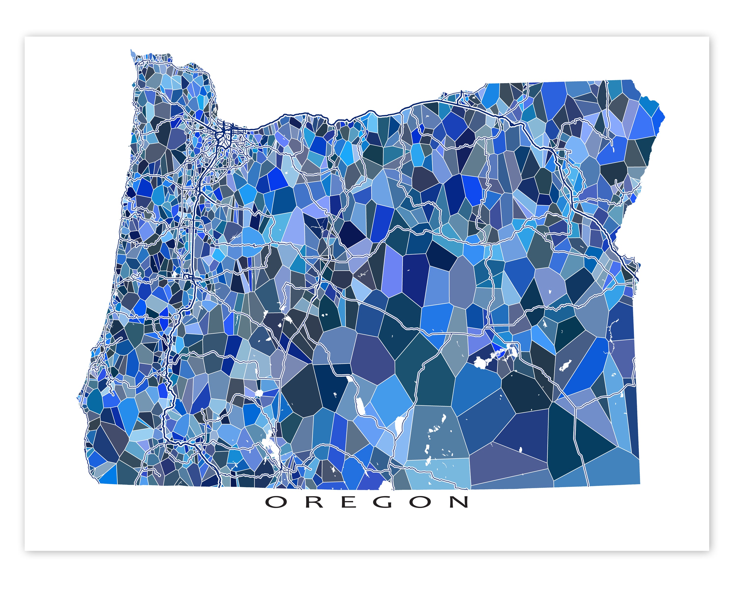 Oregon State Map Wall Art Print Poster, Blue Geometric OR Road Maps, P ...