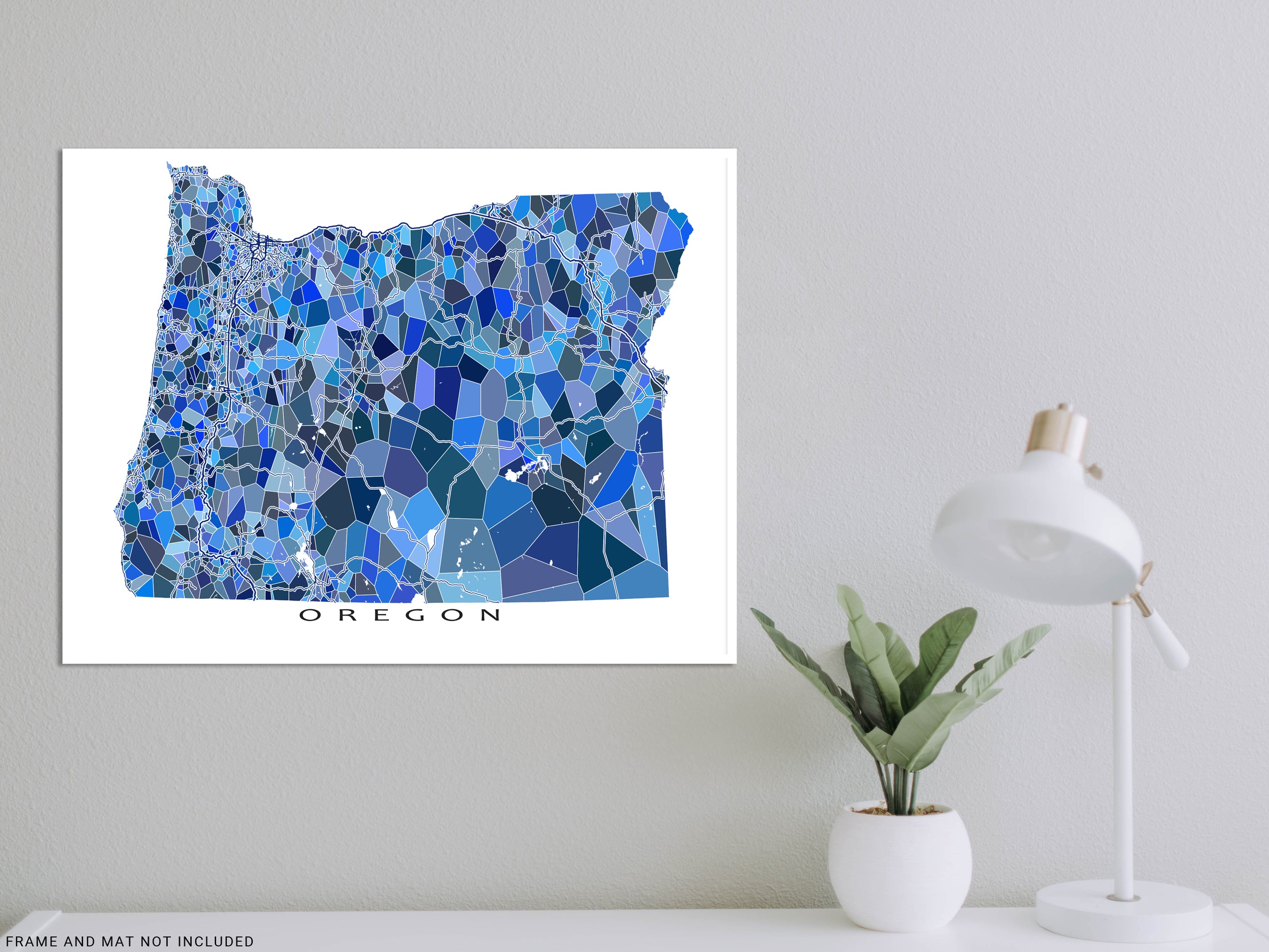 Oregon State Map Wall Art Print Poster, Blue Geometric OR Road Maps, P ...