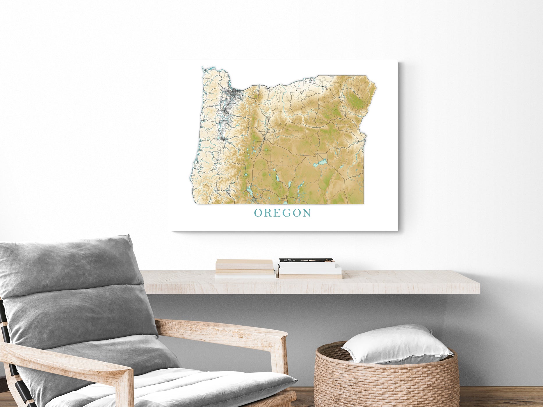 Oregon State Wall Art Map Print Poster, Topographic Landscape Road Map — Maps As Art