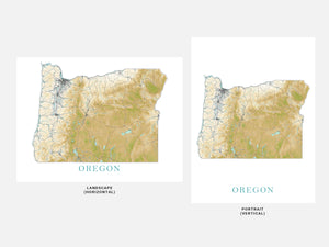 Oregon State Wall Art Map Print Poster, Topographic Landscape Road Map ...