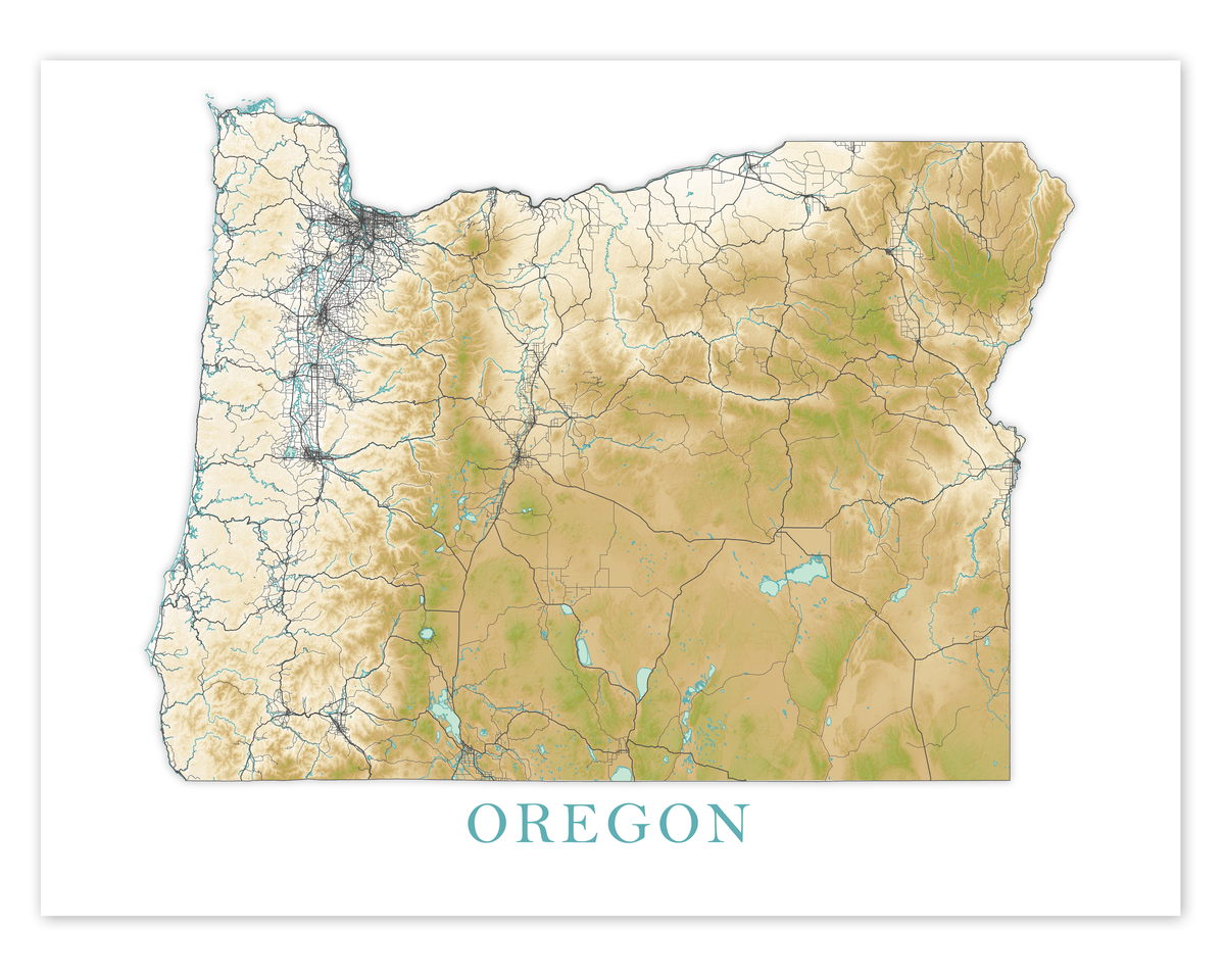 Oregon State Wall Art Map Print Poster, Topographic Landscape Road Map ...