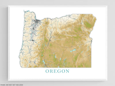 Oregon State Wall Art Map Print Poster, Topographic Landscape Road Map ...