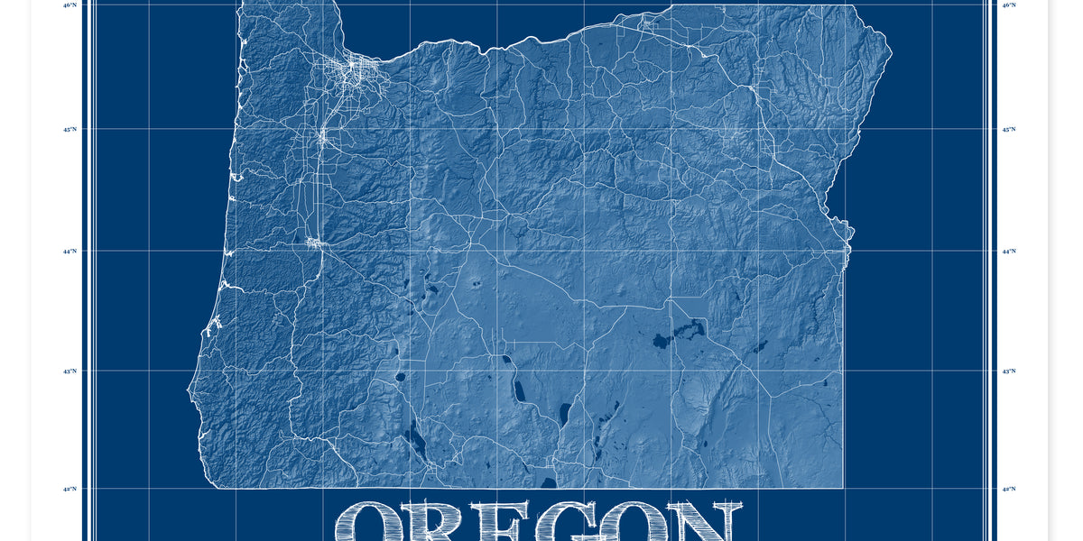 Oregon State Topographic Map Wall Art Print Poster with Blue Patent Bl ...