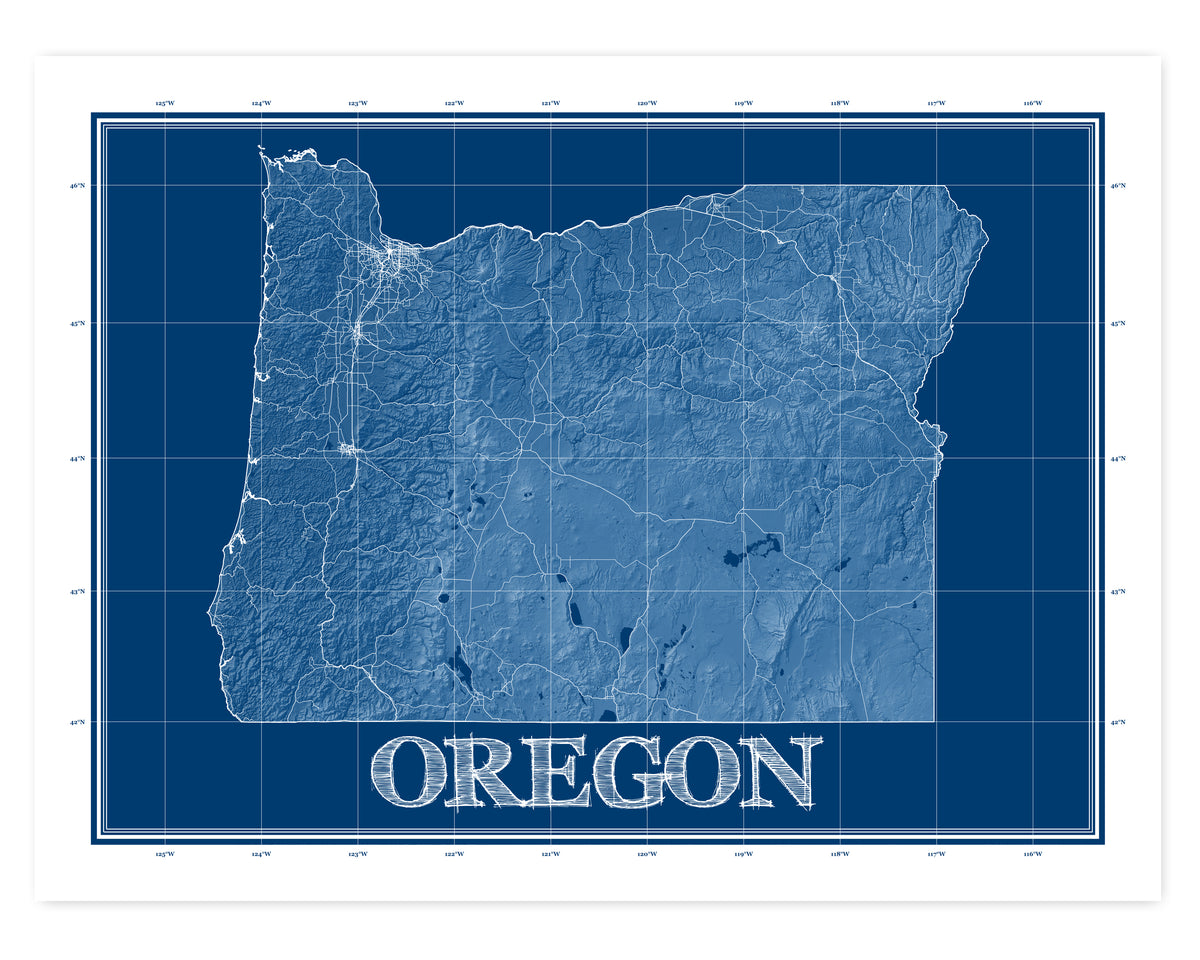Oregon State Topographic Map Wall Art Print Poster with Blue Patent Bl ...