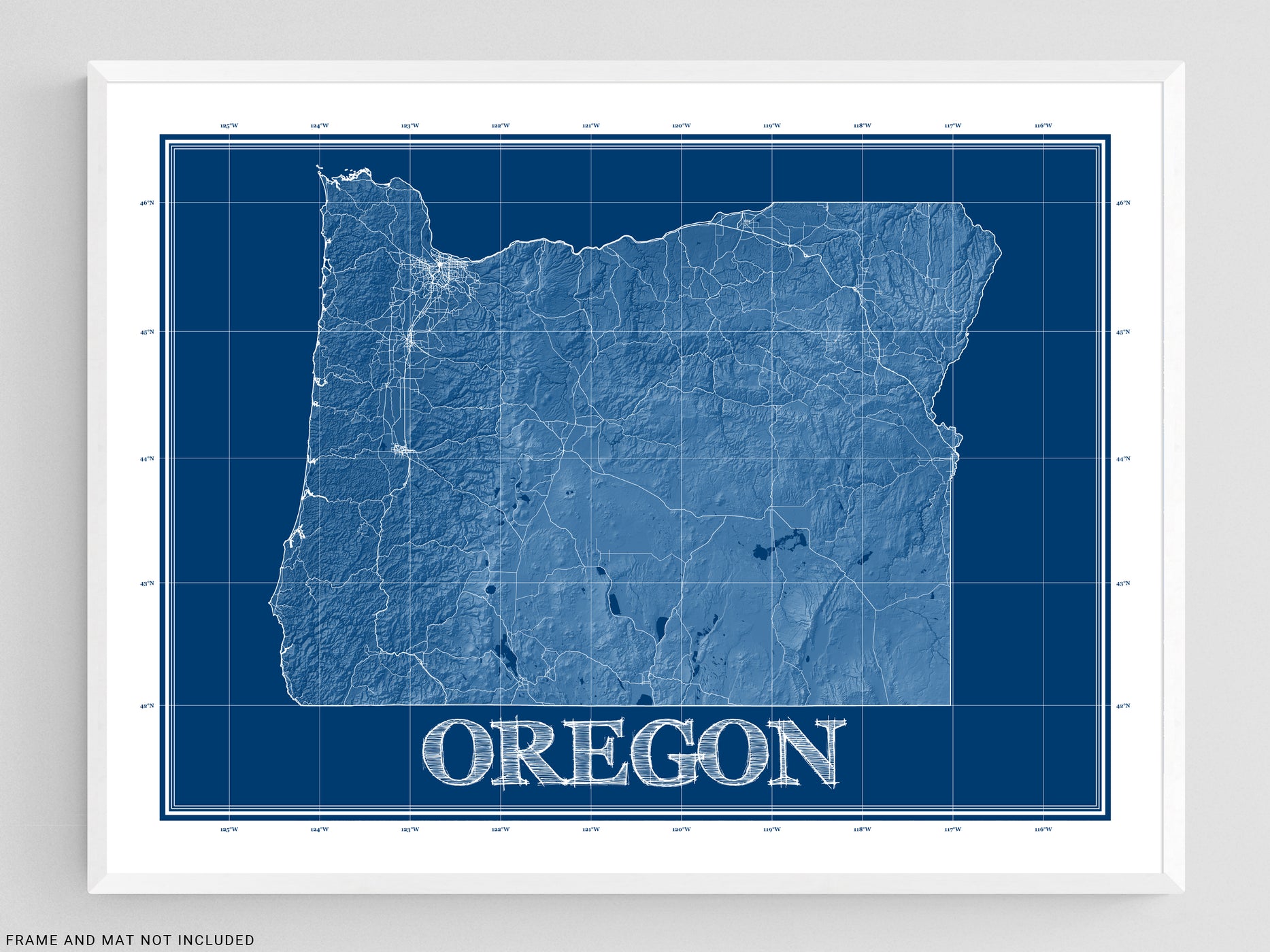Oregon State Topographic Map Wall Art Print Poster with Blue Patent Bl ...
