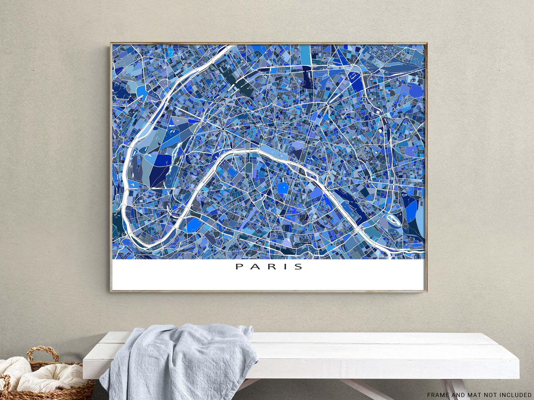 Paris Map Wall Art Print Poster, Blue Geometric France City Street Roa ...