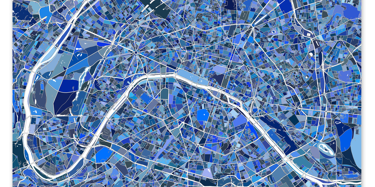 Paris Map Wall Art Print Poster, Blue Geometric France City Street Roa ...