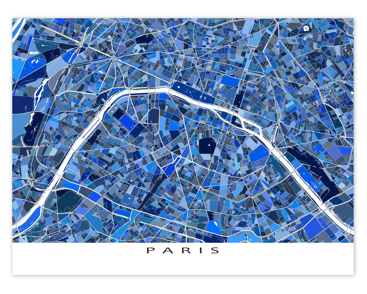 Paris Map Print, Blue Geometric Paris France Wall Art Poster, Europe C ...