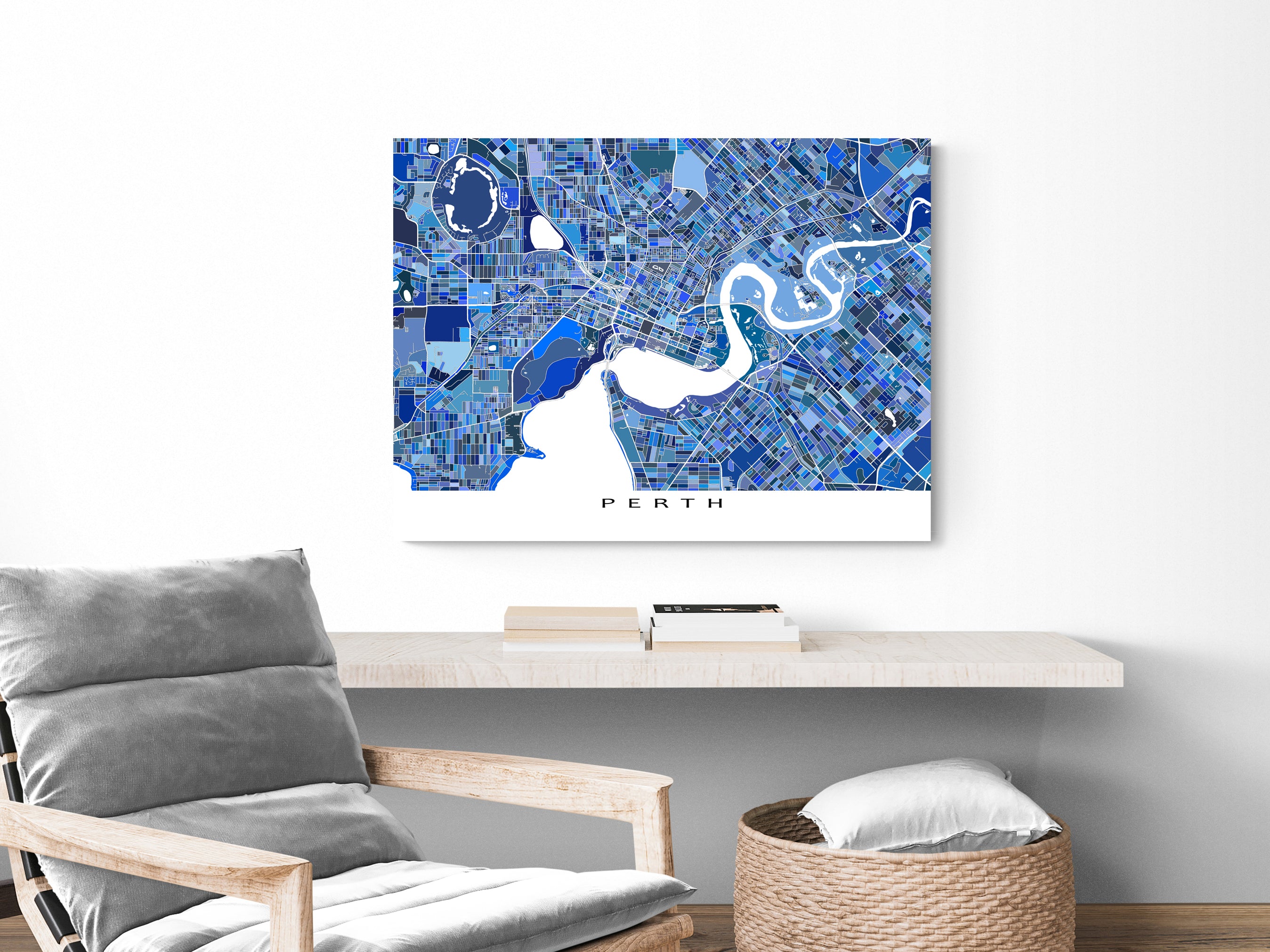 Perth Australia Map Wall Art Print Poster, Blue Geometric Perth City S ...