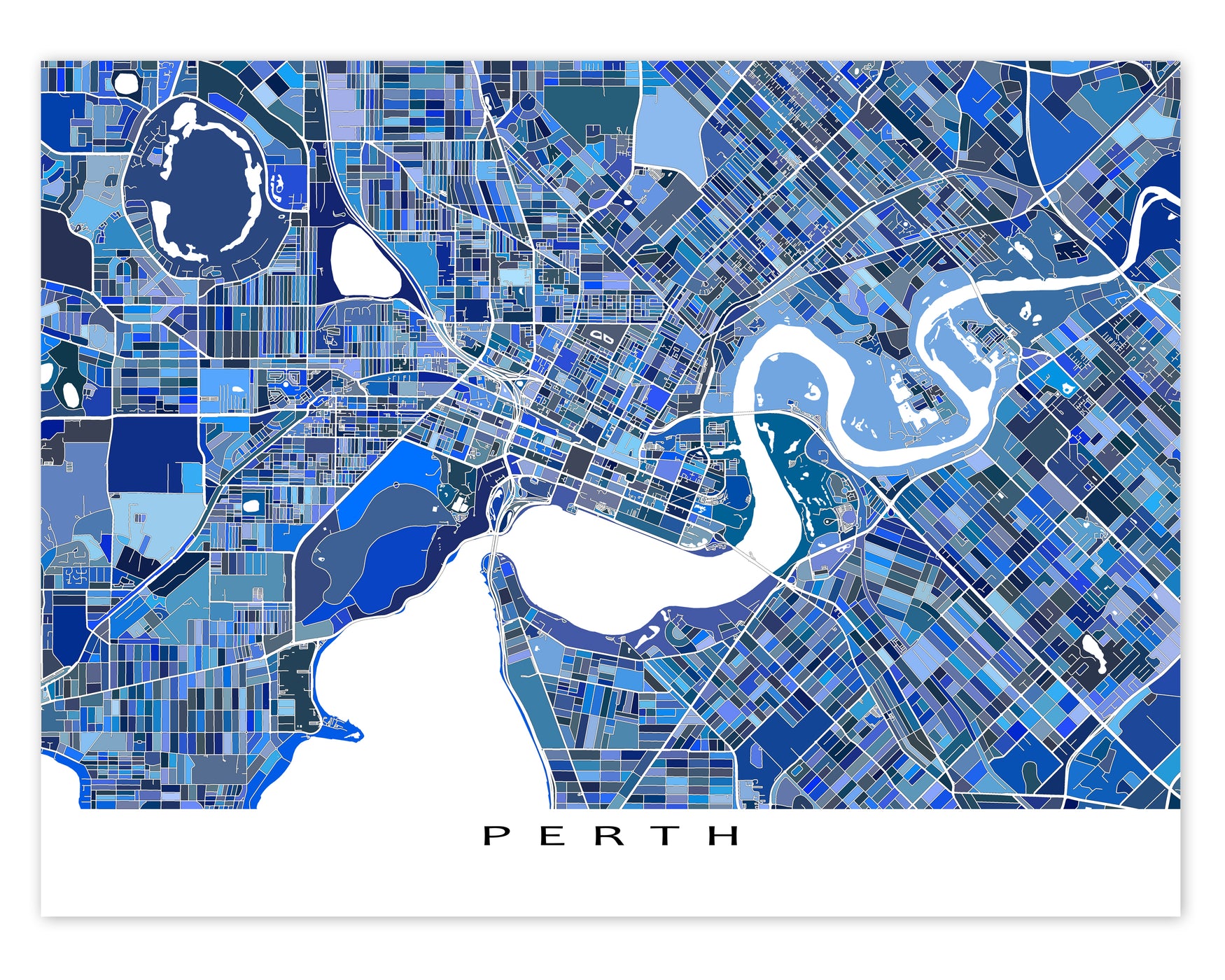 Perth Australia Map Wall Art Print Poster, Blue Geometric Perth City S ...