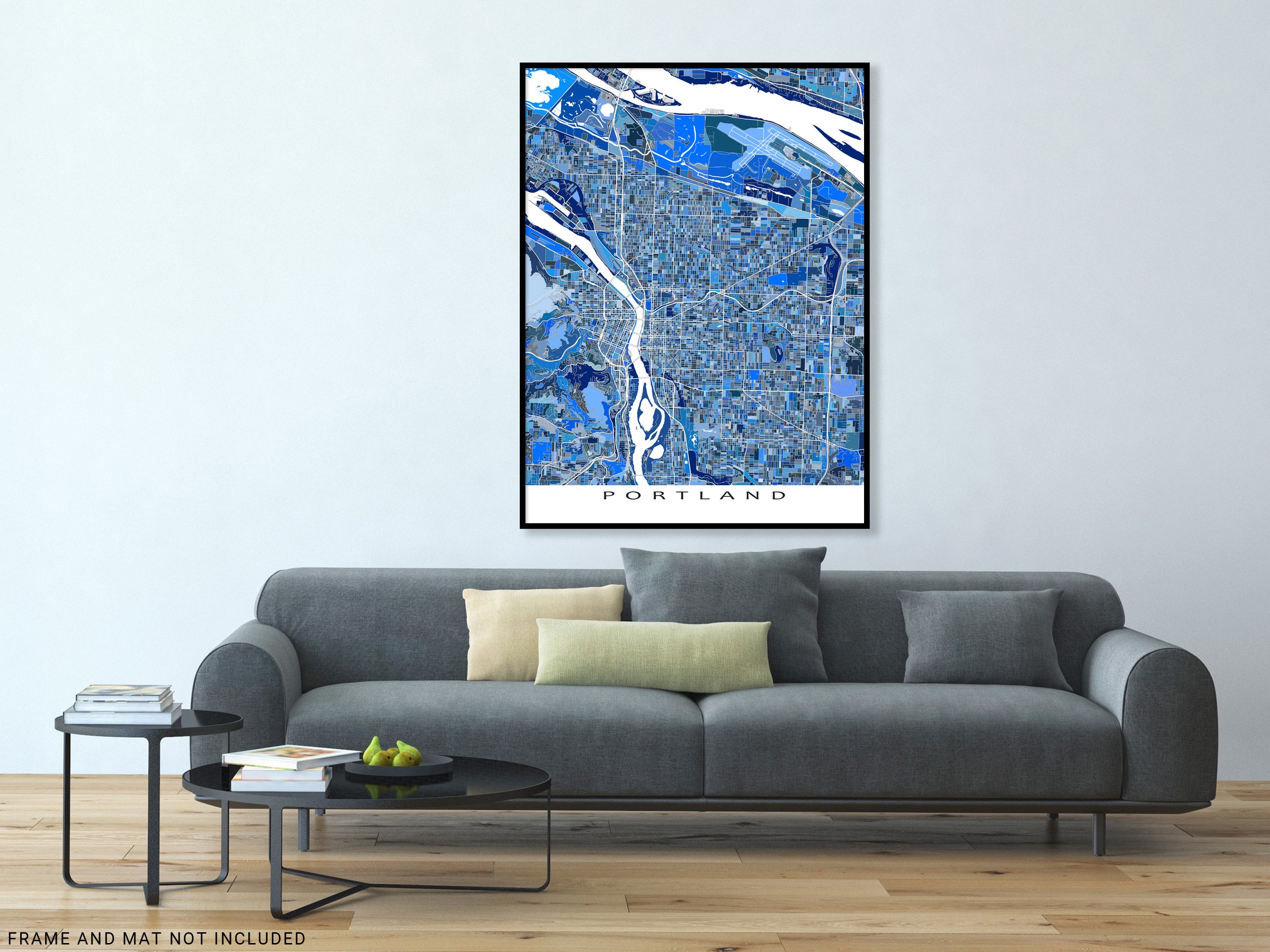 Portland Oregon Blue Geometric City Map Wall Art Print Poster — Maps As Art