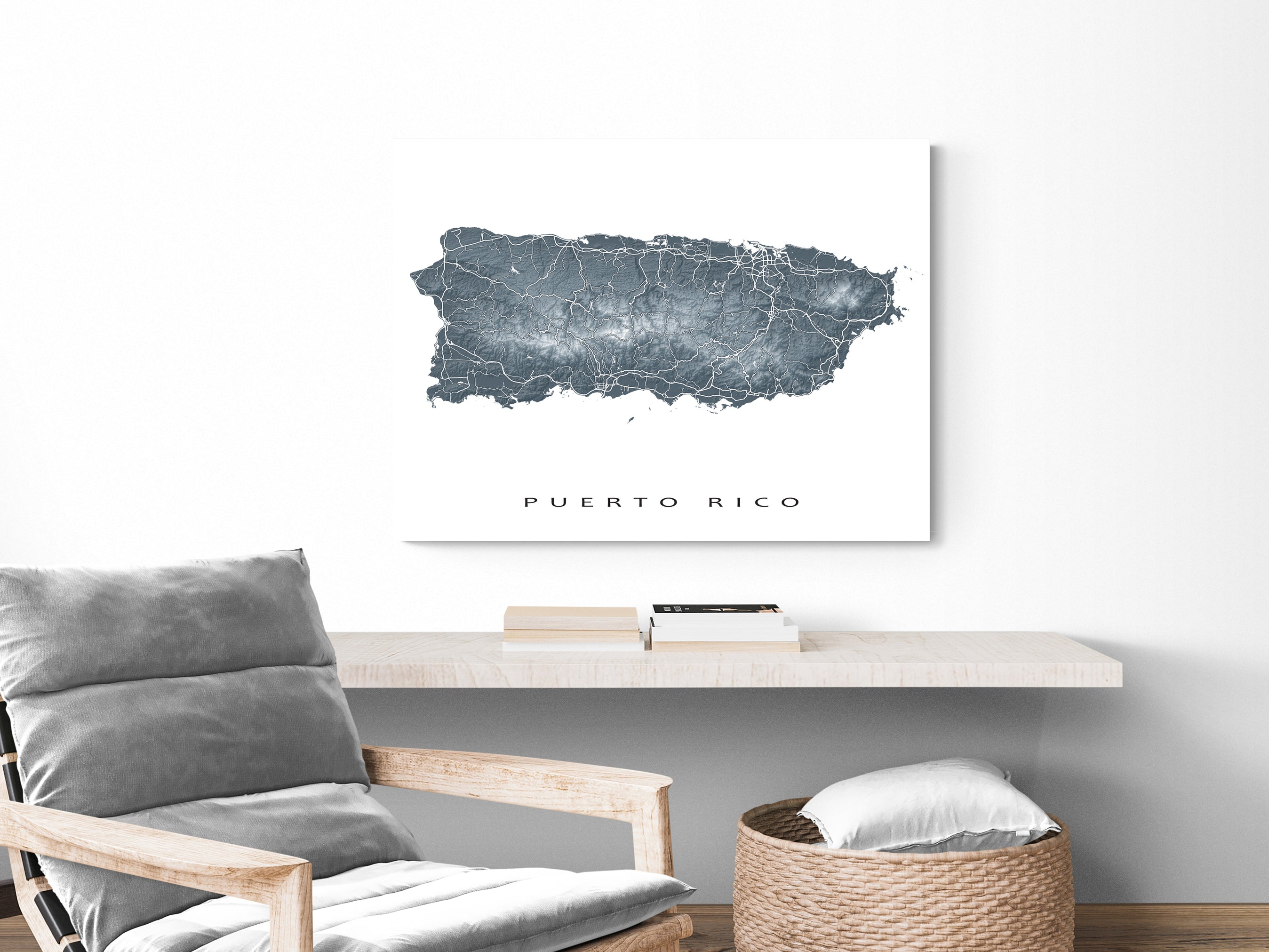 Puerto Rico Map Wall Art Print Poster, Topographic Caribbean Island Ro ...