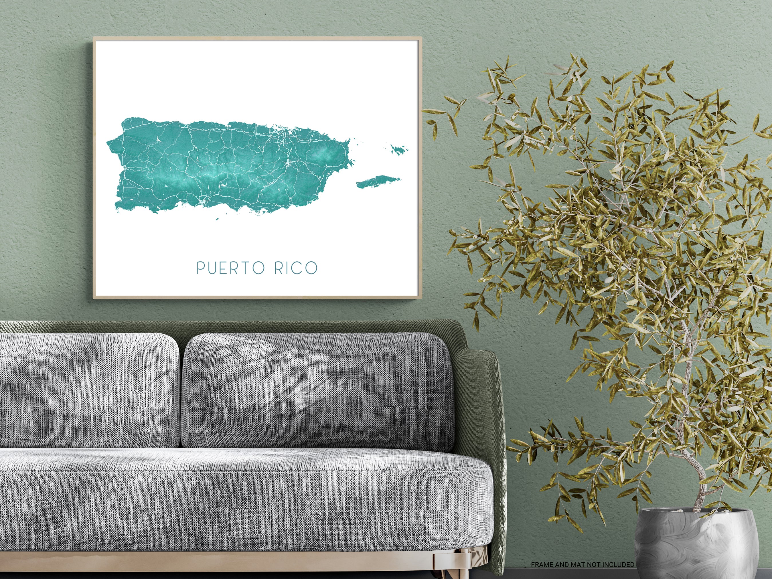 Puerto Rico Map Wall Art Print Poster, Turquoise Topographic Caribbean ...