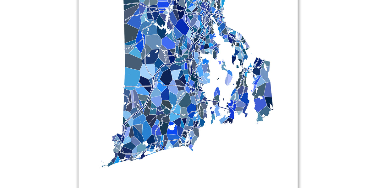Rhode Island State Map Print Poster, Blue Geometric RI Wall Art Road M ...