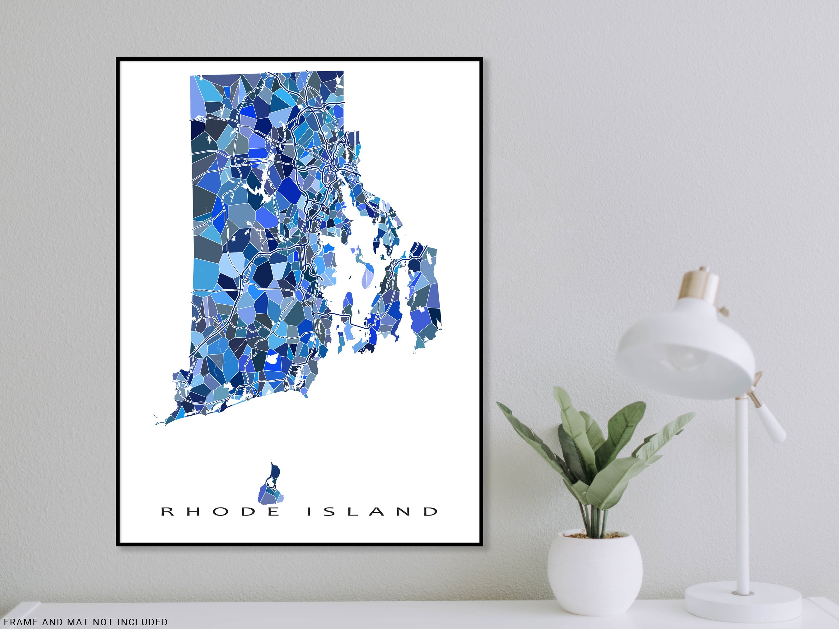 Rhode Island State Map Print Poster, Blue Geometric RI Wall Art Road M ...