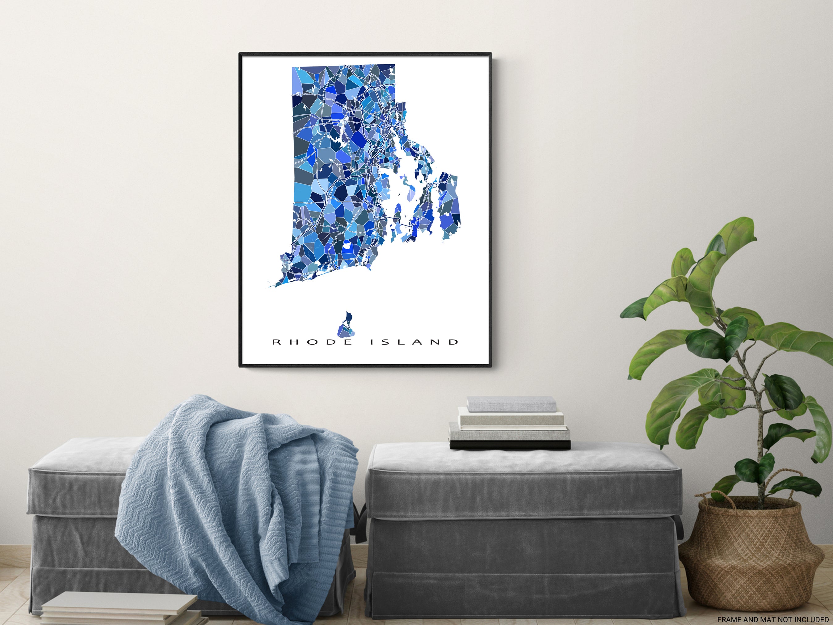Rhode Island State Map Print Poster, Blue Geometric RI Wall Art Road M ...