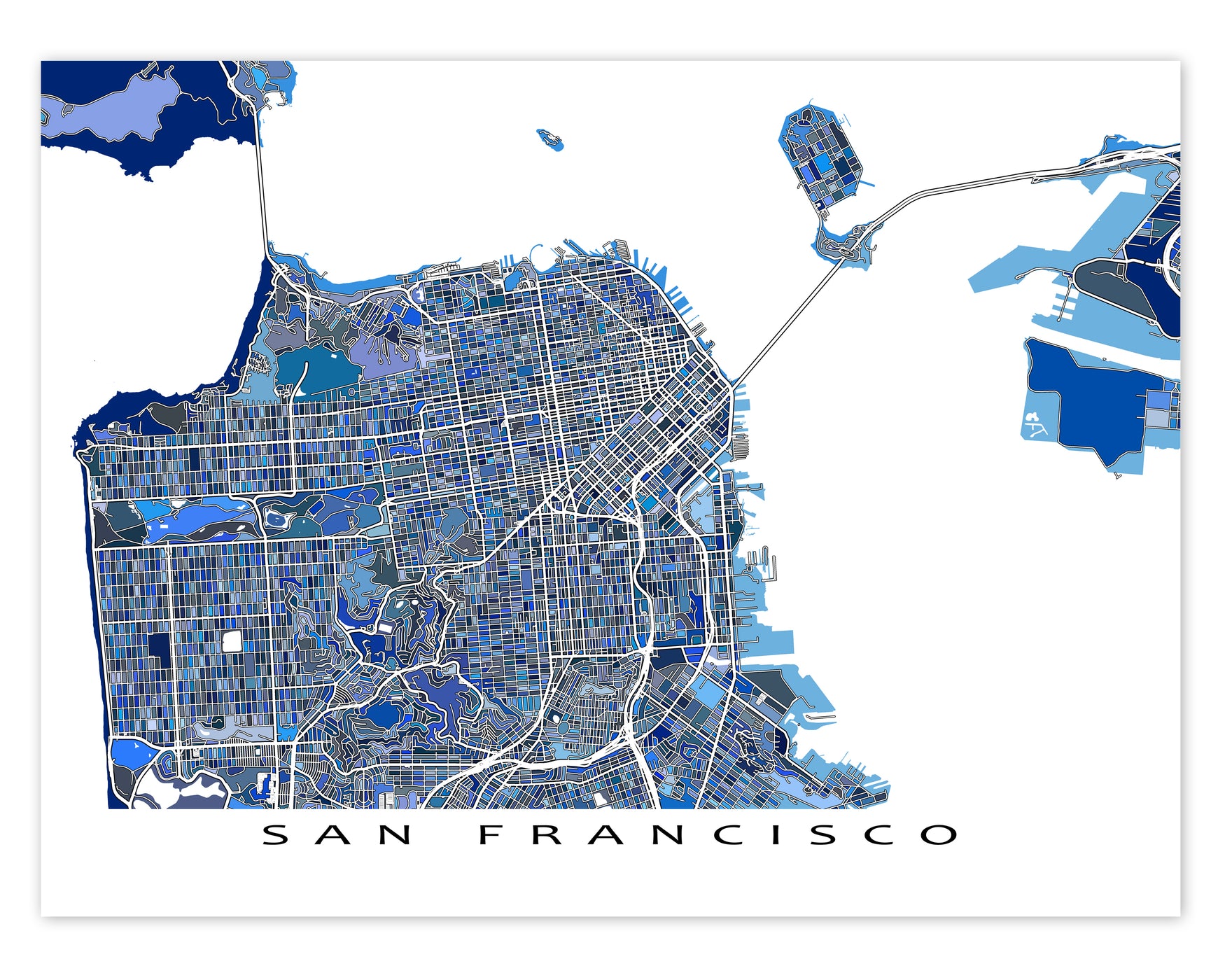 San Francisco Map Wall Art Print, California, USA Blue Geometric City ...