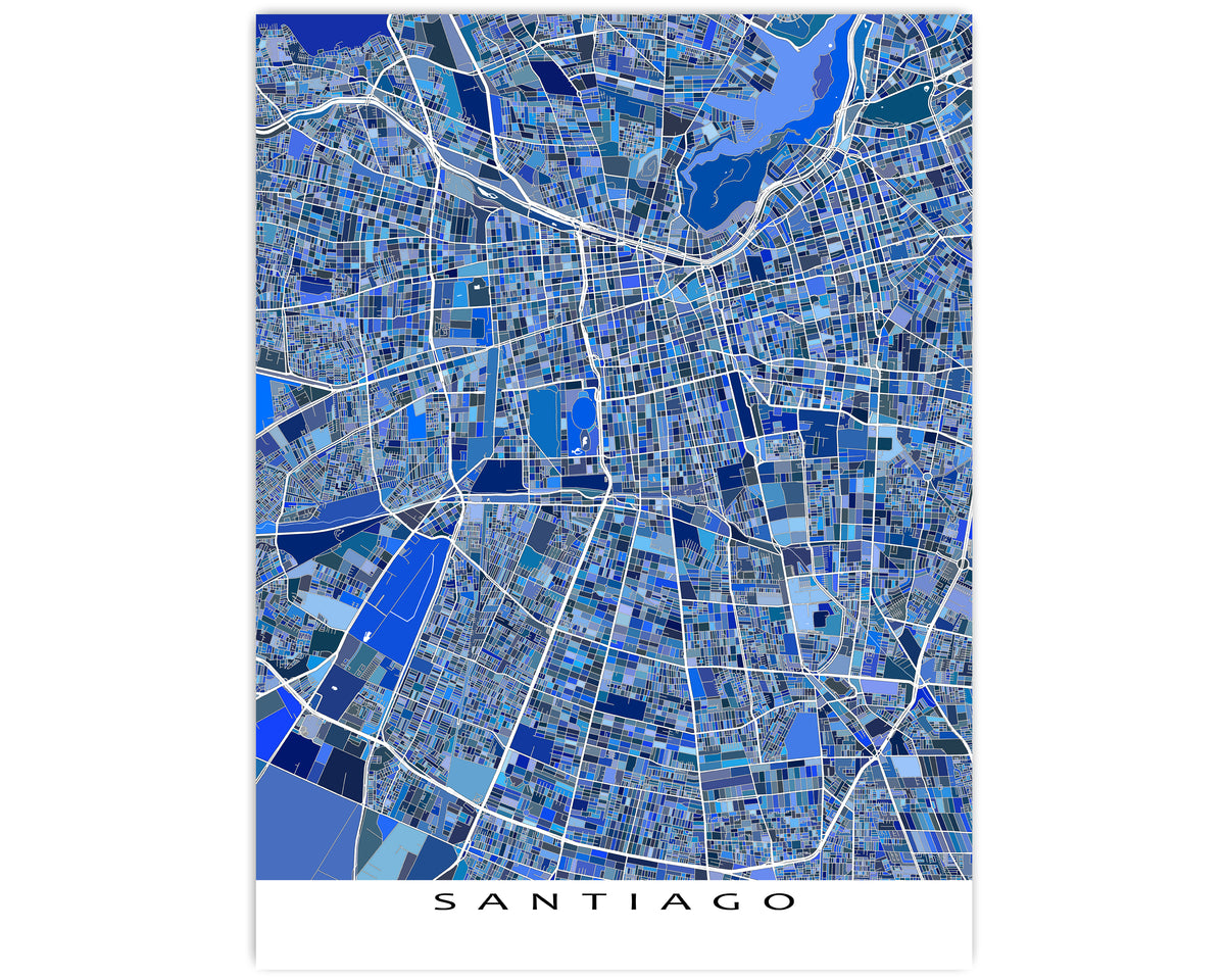 Santiago Chile City Street Map Wall Art Print Poster with Blue Geometr ...