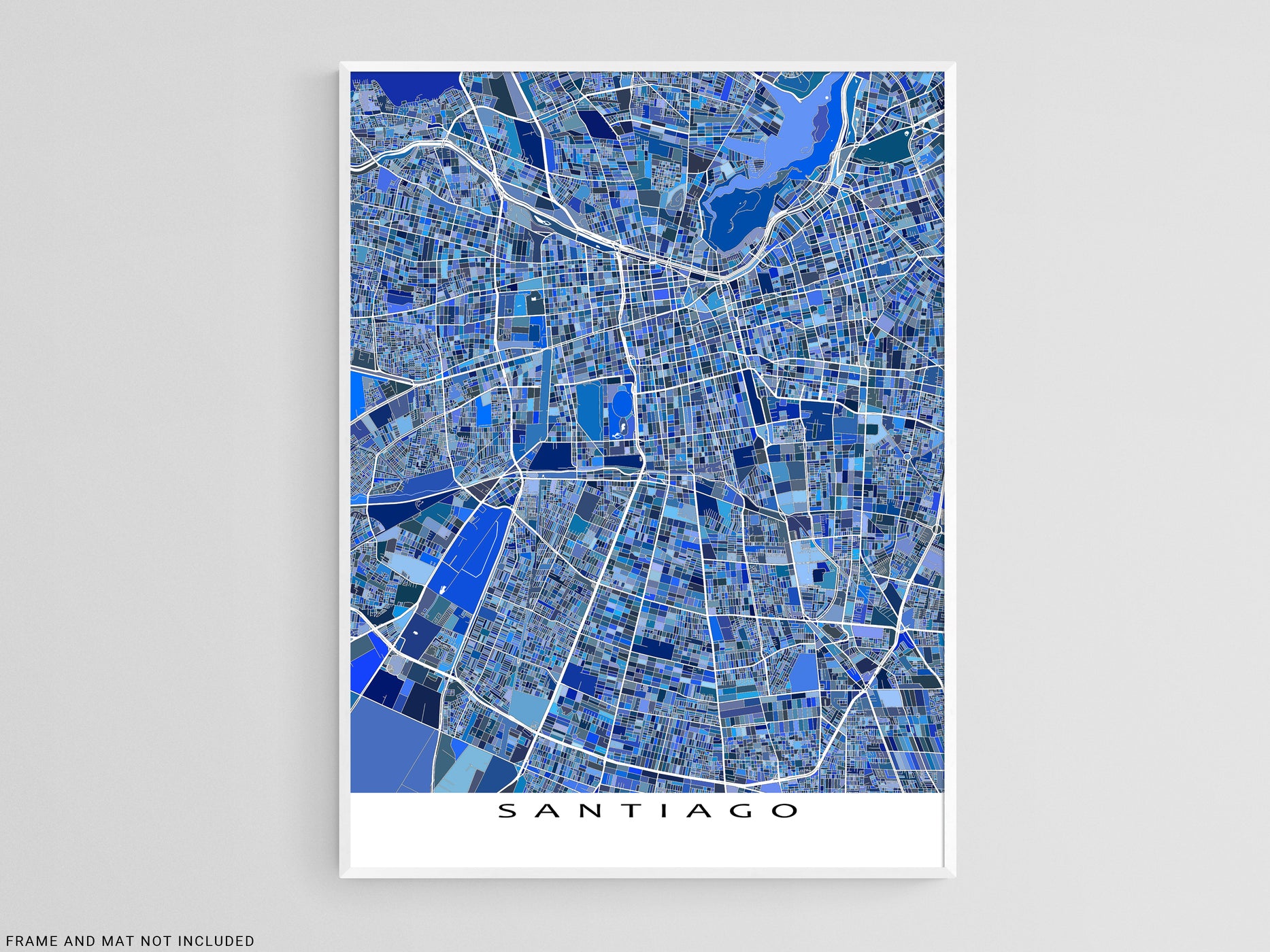 Santiago Chile City Street Map Wall Art Print Poster with Blue Geometr ...