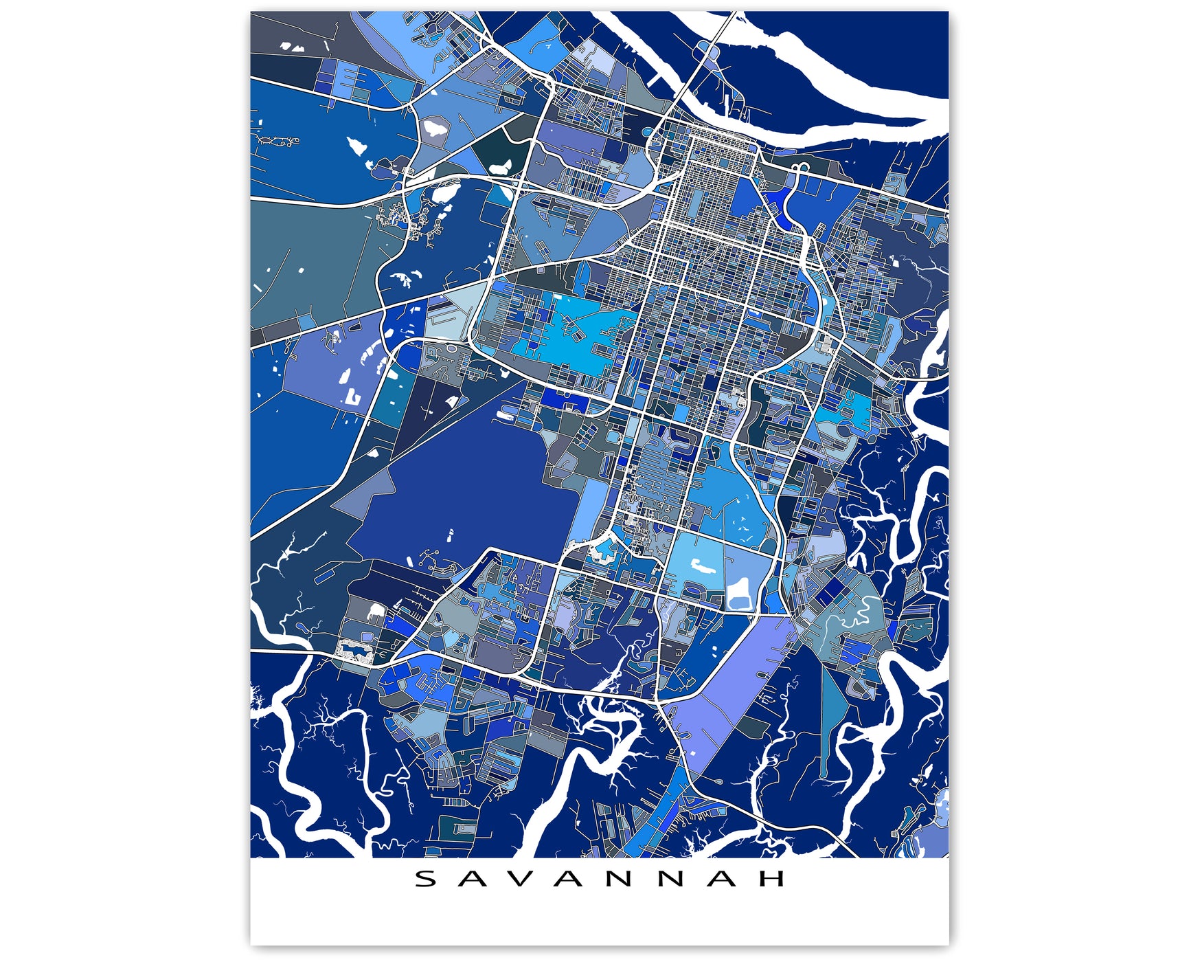 Savannah Map Print Poster, Blue Geometric Georgia Wall Art City Street ...