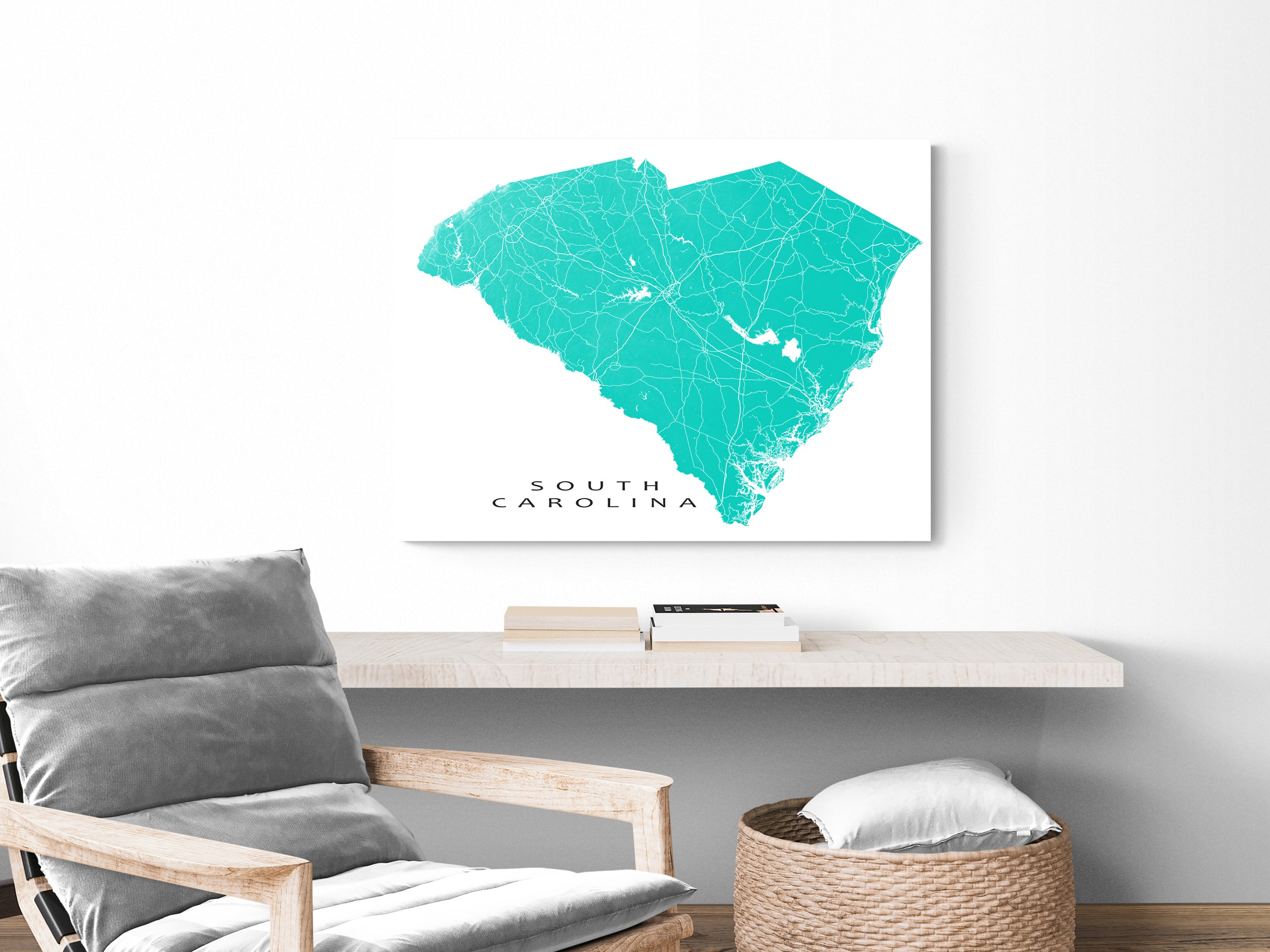 South Carolina Map Wall Art Print Poster, USA SC State Road Maps, Char ...