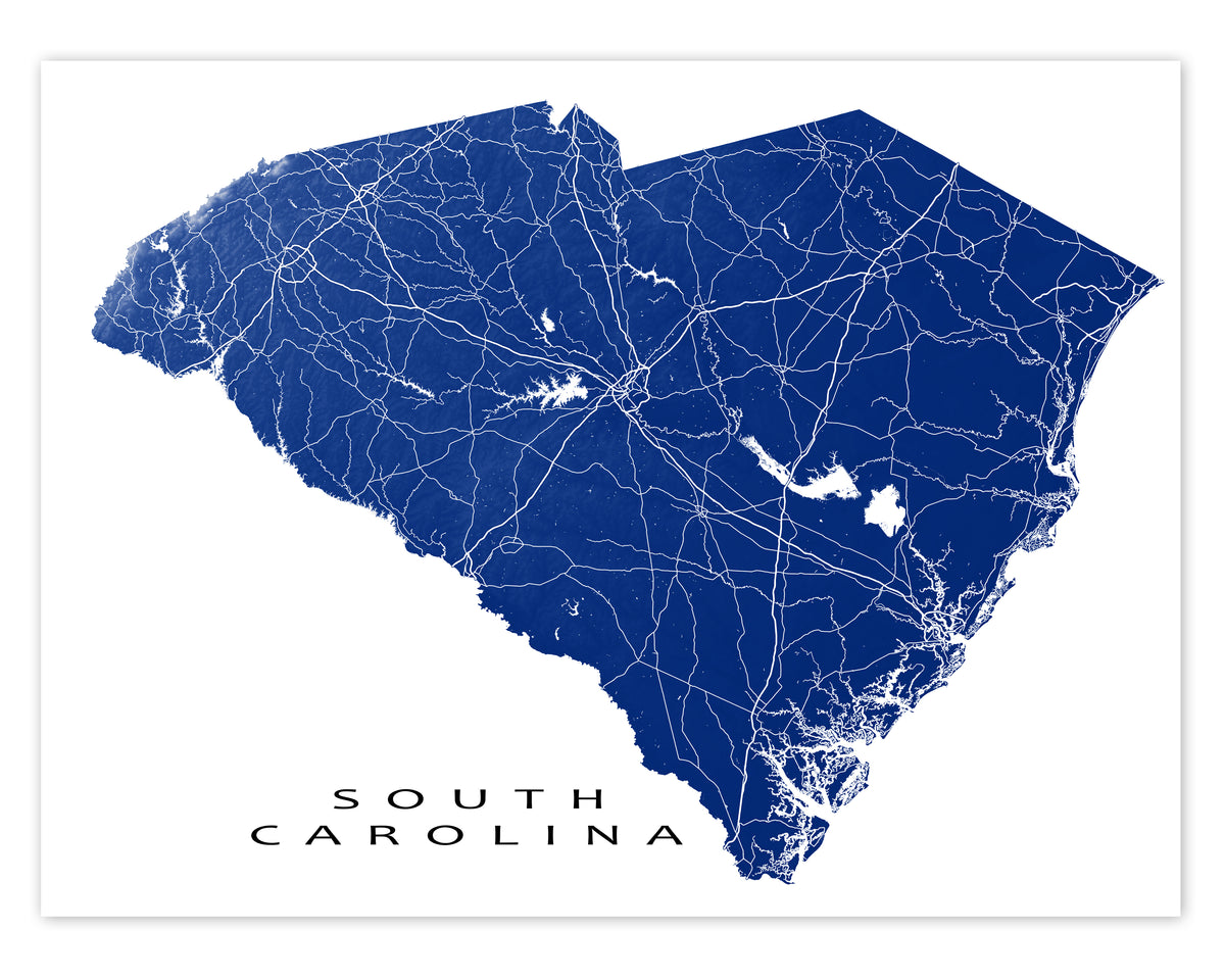 South Carolina Map Wall Art Print Poster, USA SC State Road Maps, Char ...