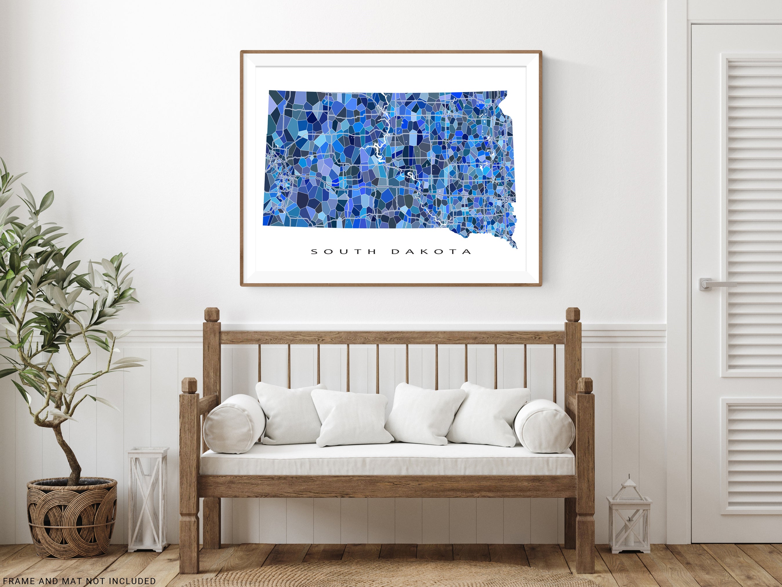 South Dakota State Map Wall Art Print Poster with Blue Geometric Desig ...