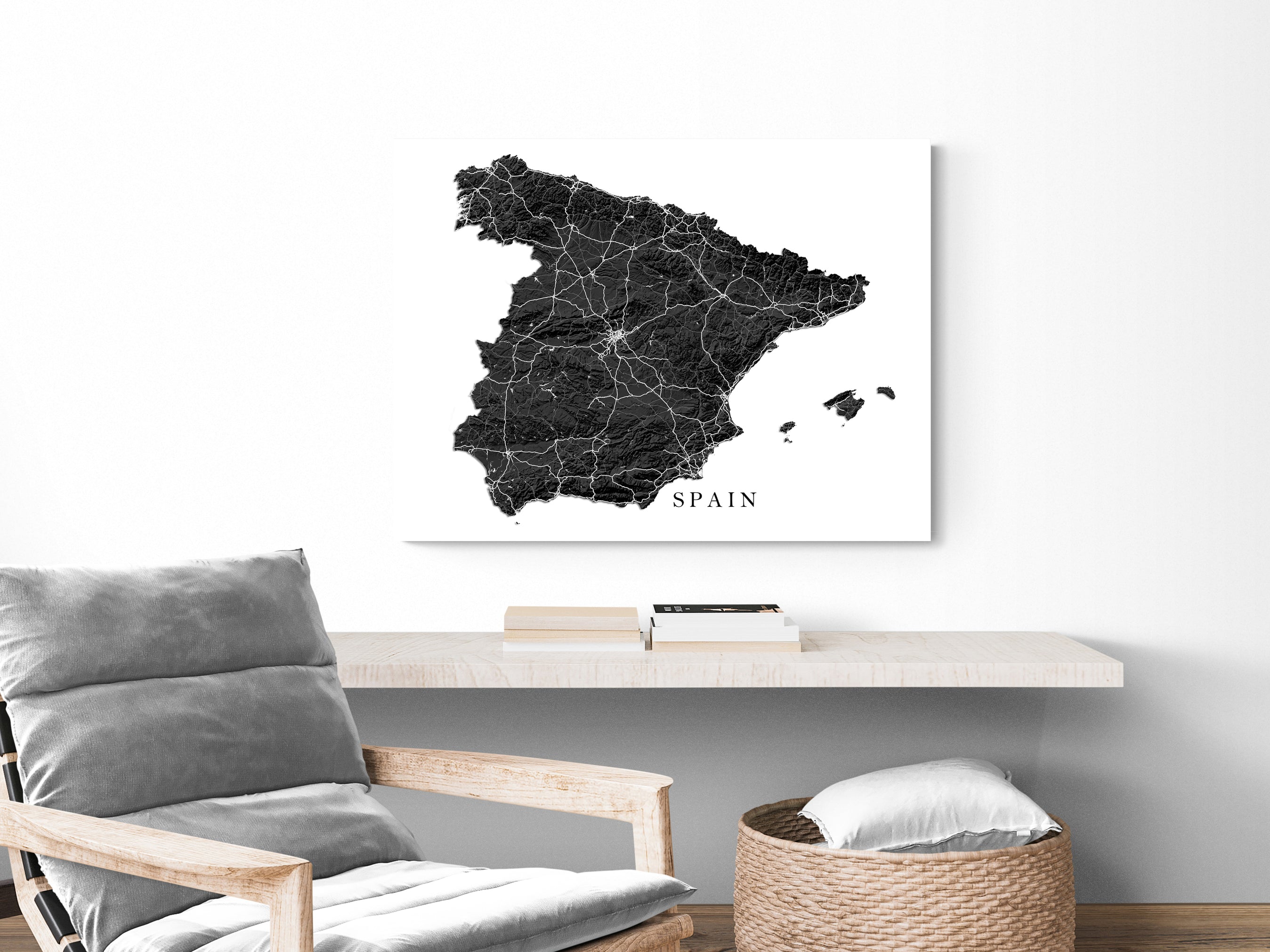 Spain Map Wall Art Print Poster, Black and White Topographic Map of Sp ...