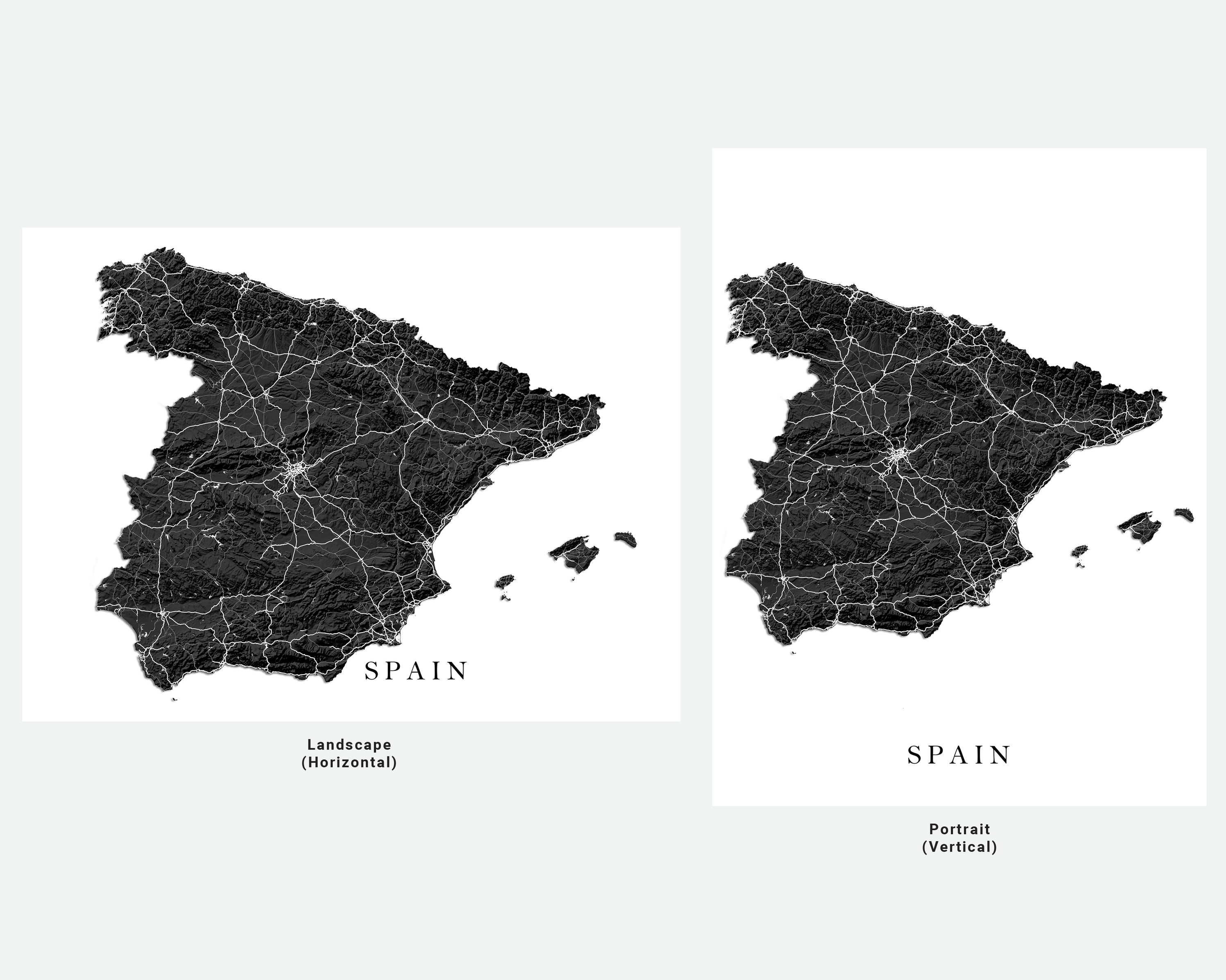 Spain Map Wall Art Print Poster, Black and White Topographic Map of Sp ...