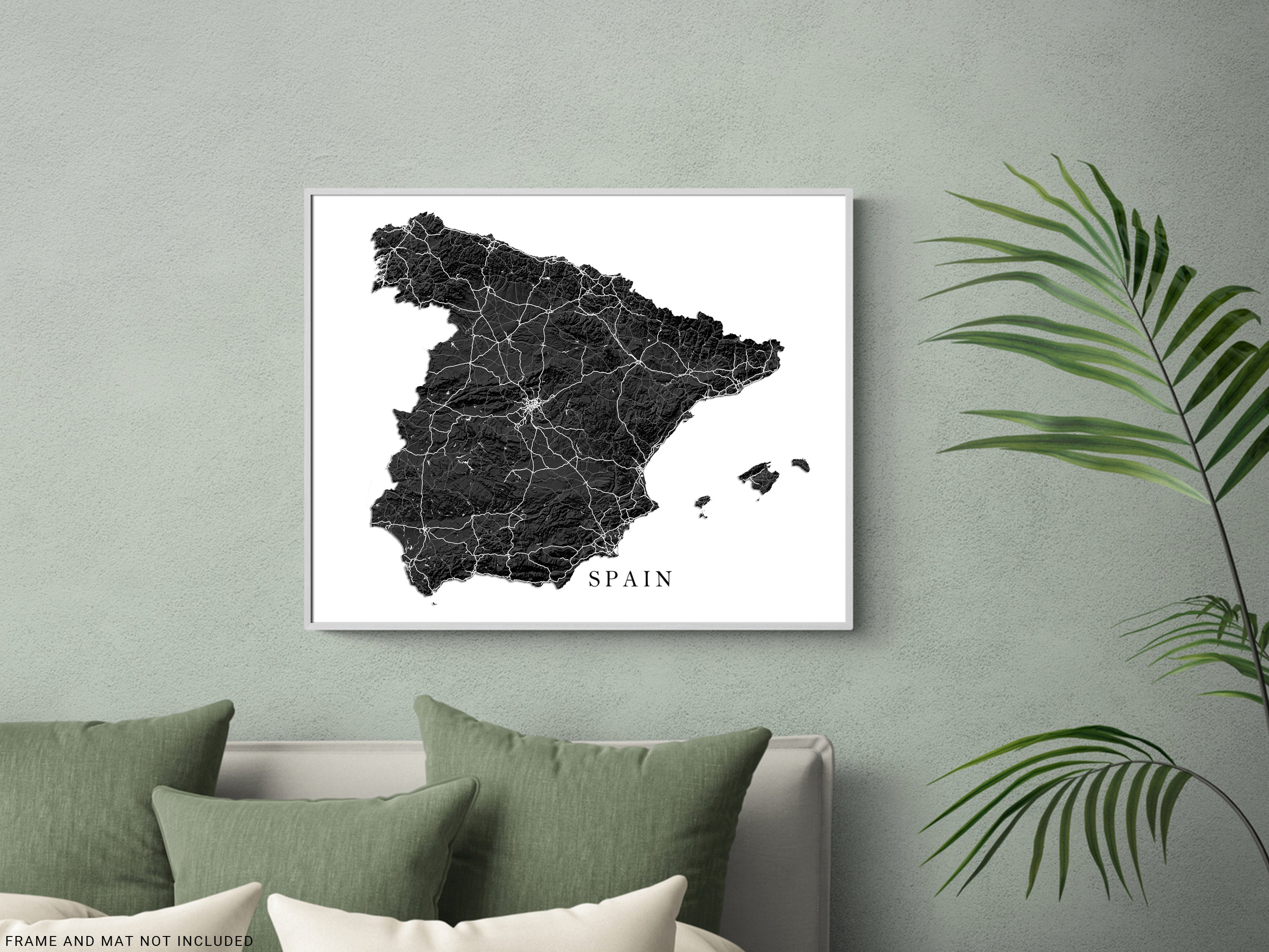 Spain Map Wall Art Print Poster, Black and White Topographic Map of Sp ...
