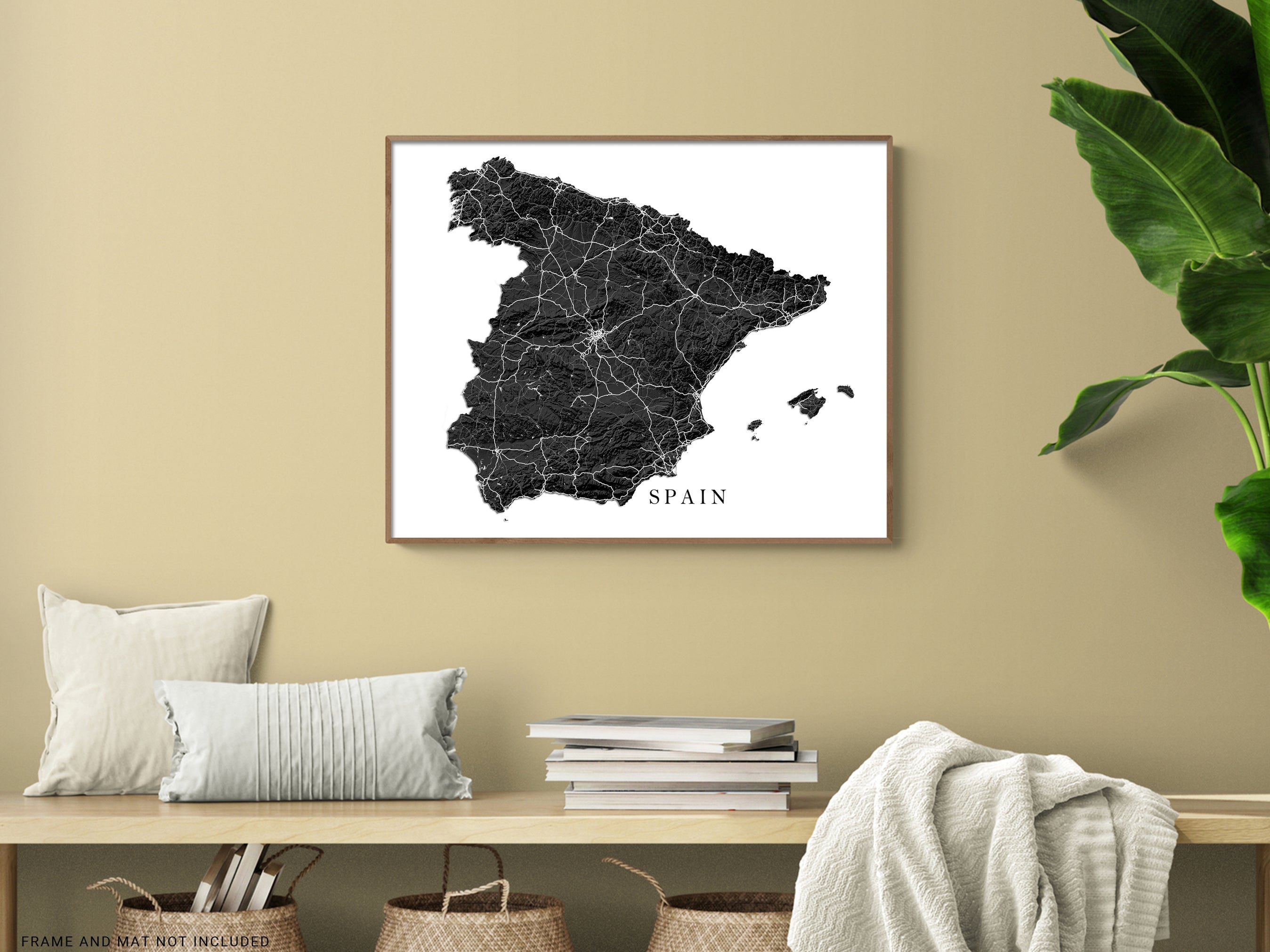 Spain Map Wall Art Print Poster, Black and White Topographic Map of Sp ...