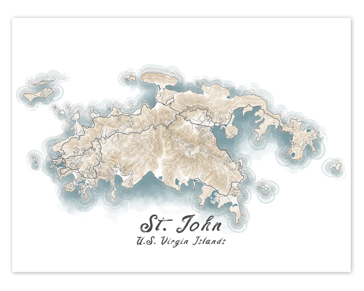 St John USVI Contour Map Print Poster, Caribbean Saint John US Virgin ...