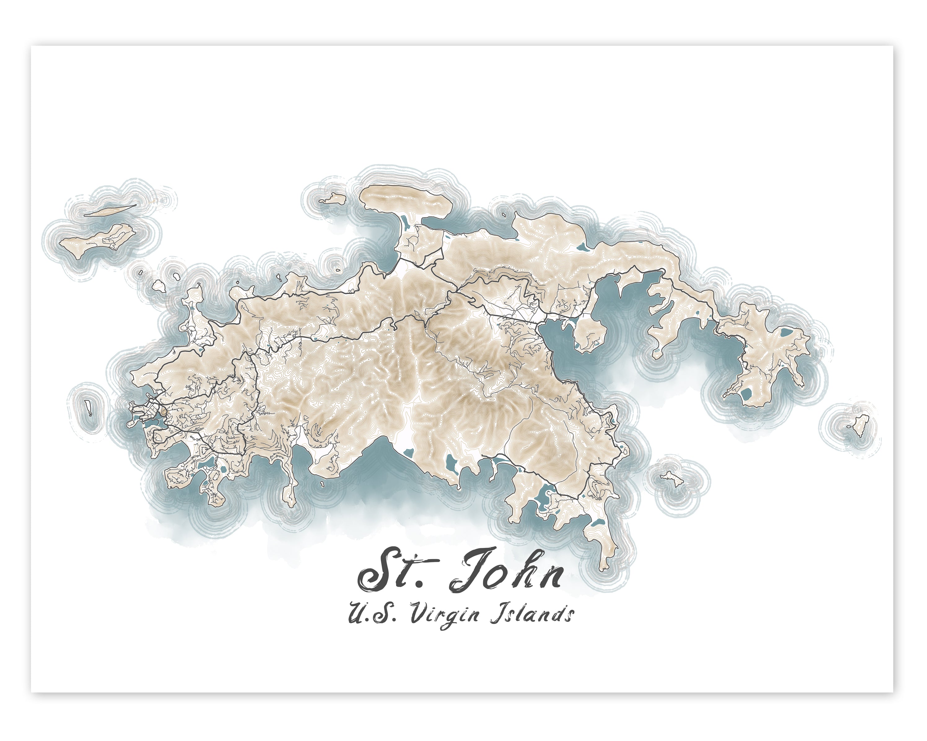 St John USVI Contour Map Print Poster, Caribbean Saint John US Virgin ...