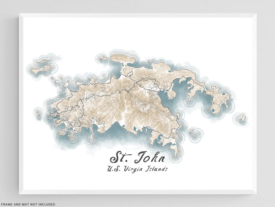 St John USVI Contour Map Print Poster, Caribbean Saint John US Virgin ...