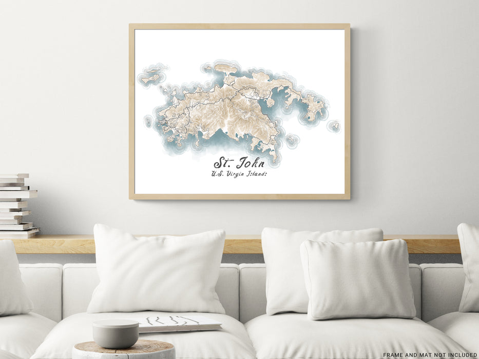 St John USVI Contour Map Print Poster, Caribbean Saint John US Virgin ...