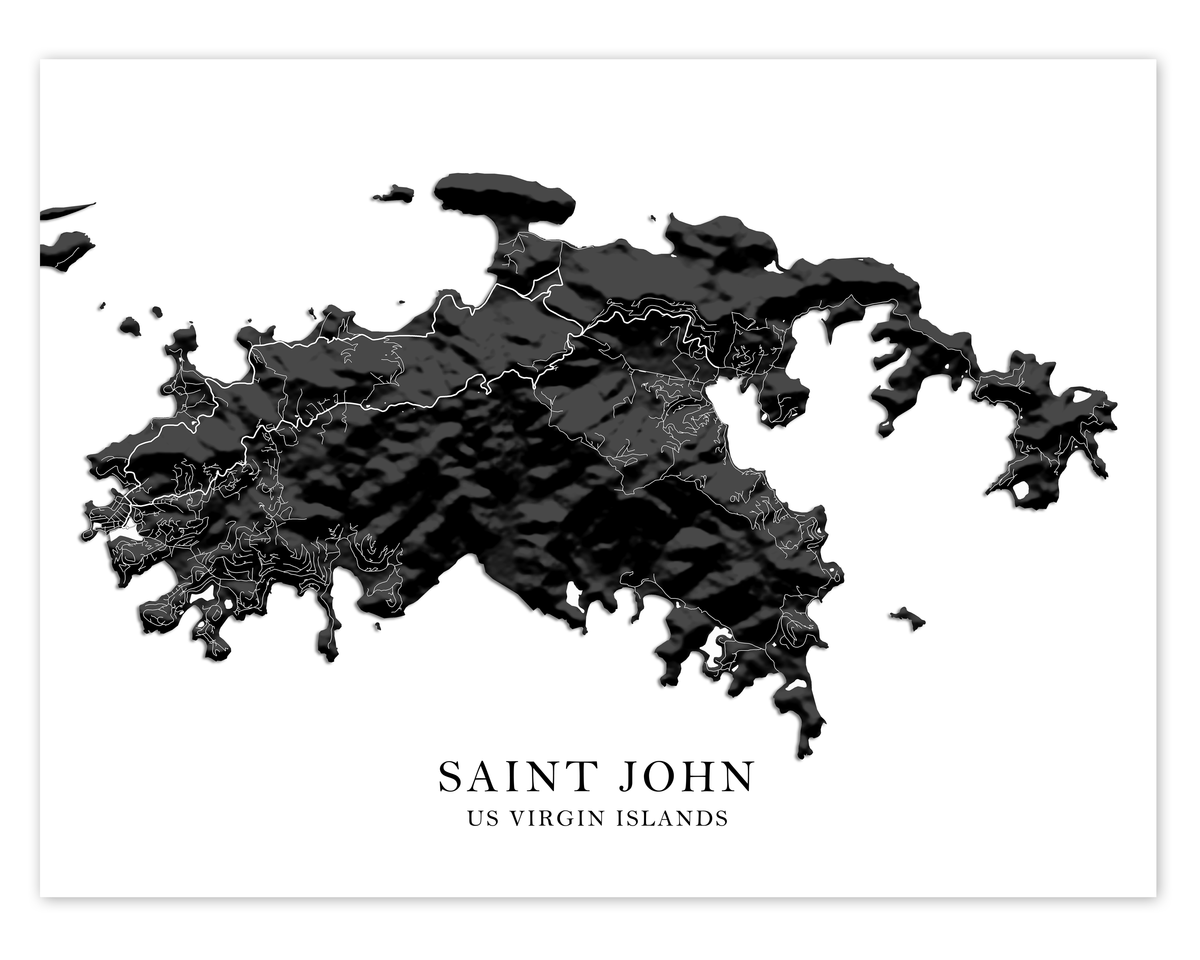 St John Island, USVI Map Print Poster, Black and White US Virgin Islan ...