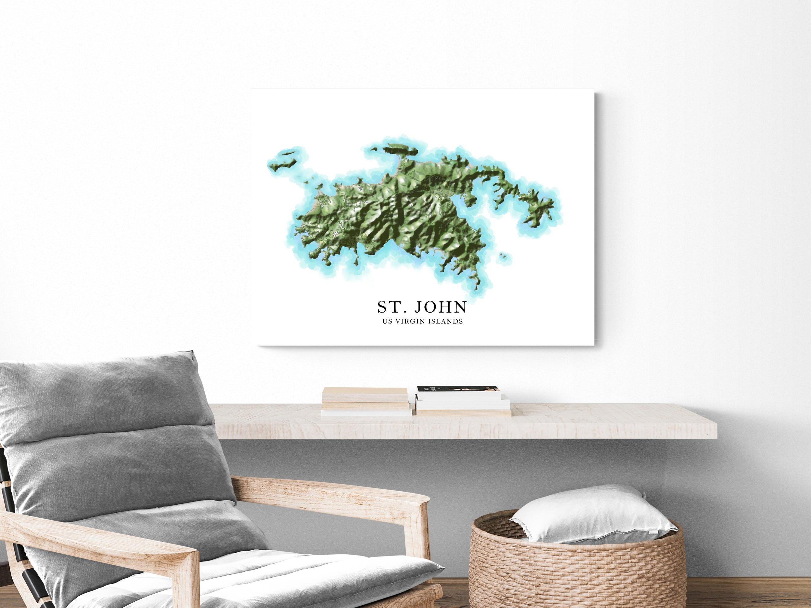 St John USVI Map Wall Art Print Poster, Watercolor Style Saint John US ...