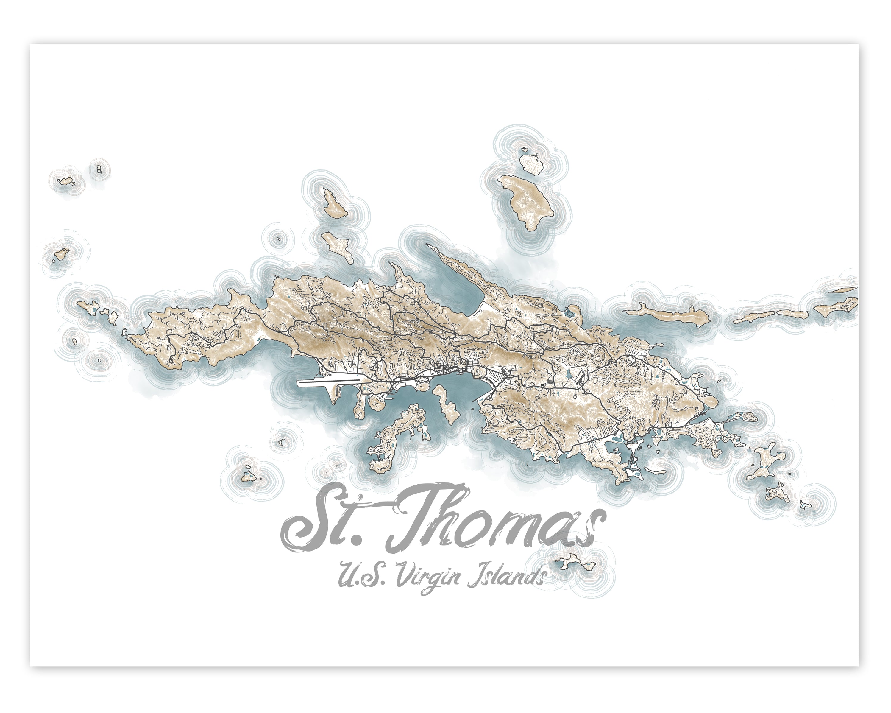 St Thomas USVI Contour Map Print Poster, US Virgin Islands Caribbean W ...