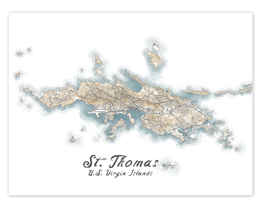 St Thomas USVI Contour Map Print Poster, US Virgin Islands Caribbean W ...