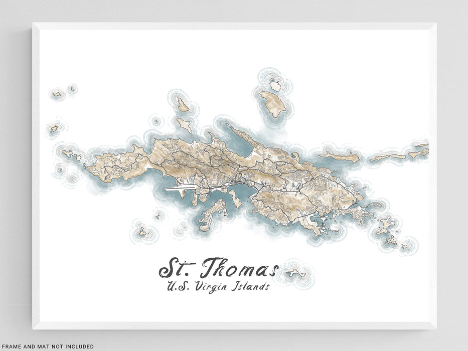 St Thomas USVI Contour Map Print Poster, US Virgin Islands Caribbean W ...