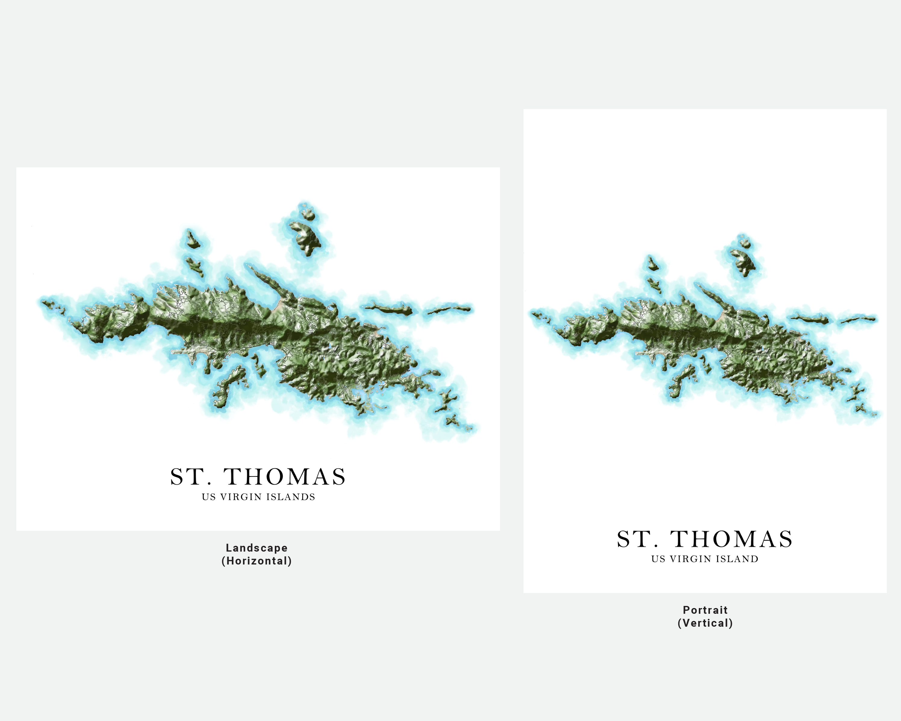 Set of 3 Prints, US Virgin Islands Watercolor Style Map Wall Art Print ...
