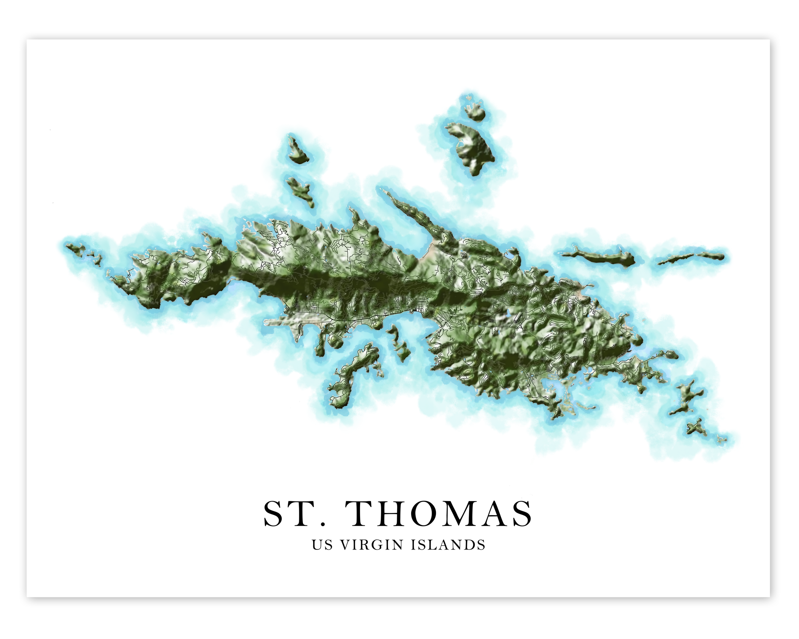 St Thomas USVI Map Wall Art Print Poster, Watercolor Style Saint Thoma ...