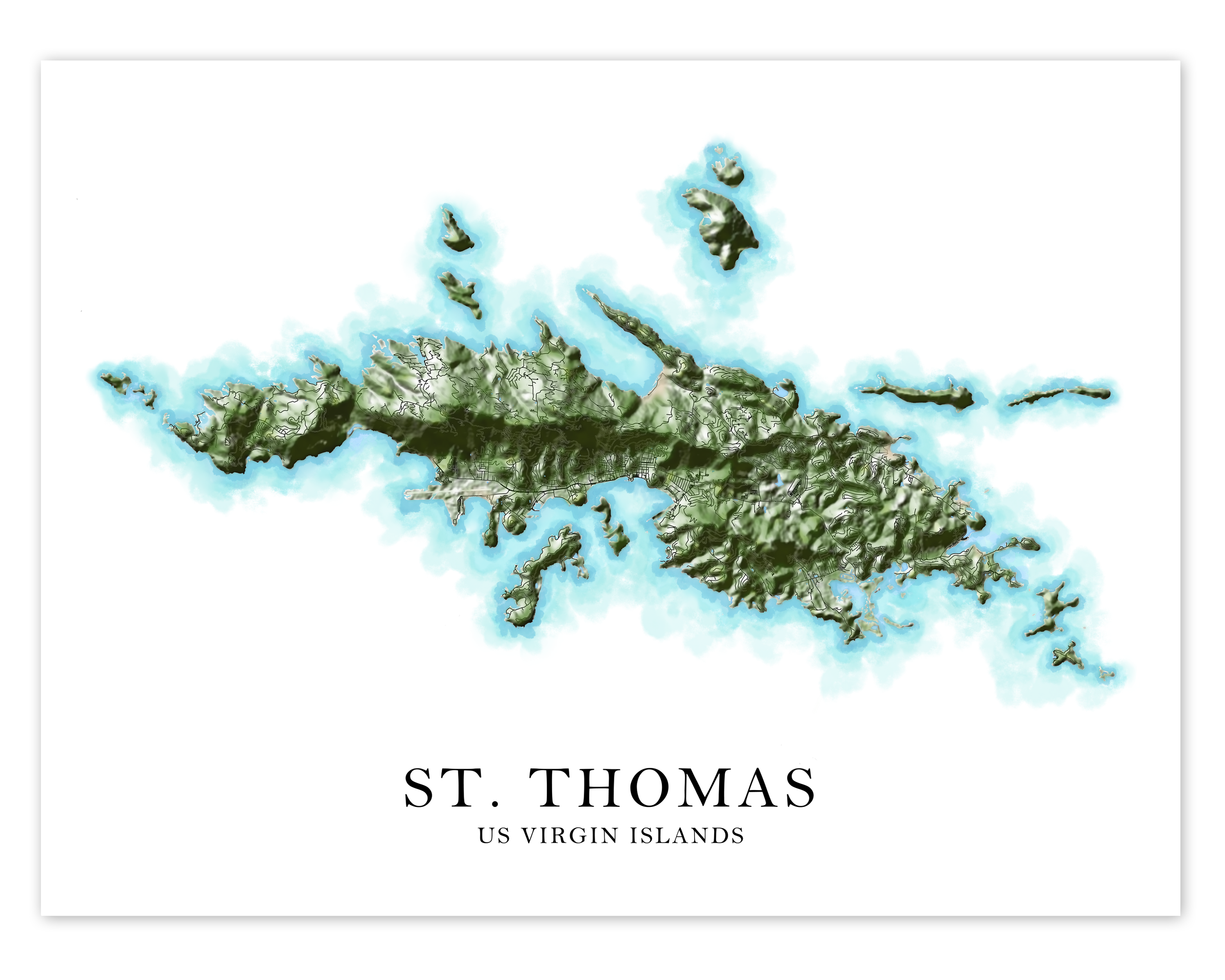 St Thomas USVI Map Wall Art Print Poster, Watercolor Style Saint Thoma ...