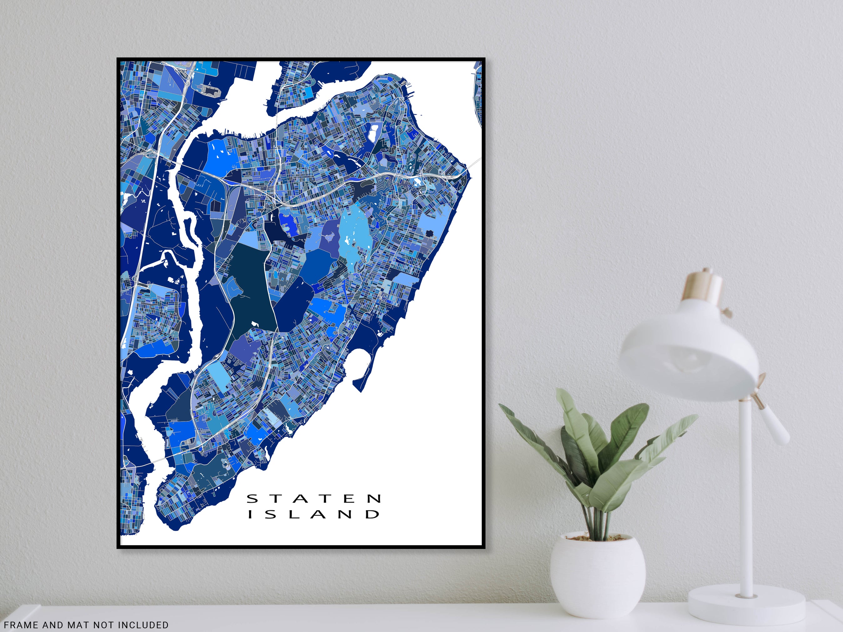 Staten Island New York City Map Wall Art Print Poster, Blue Geometric ...