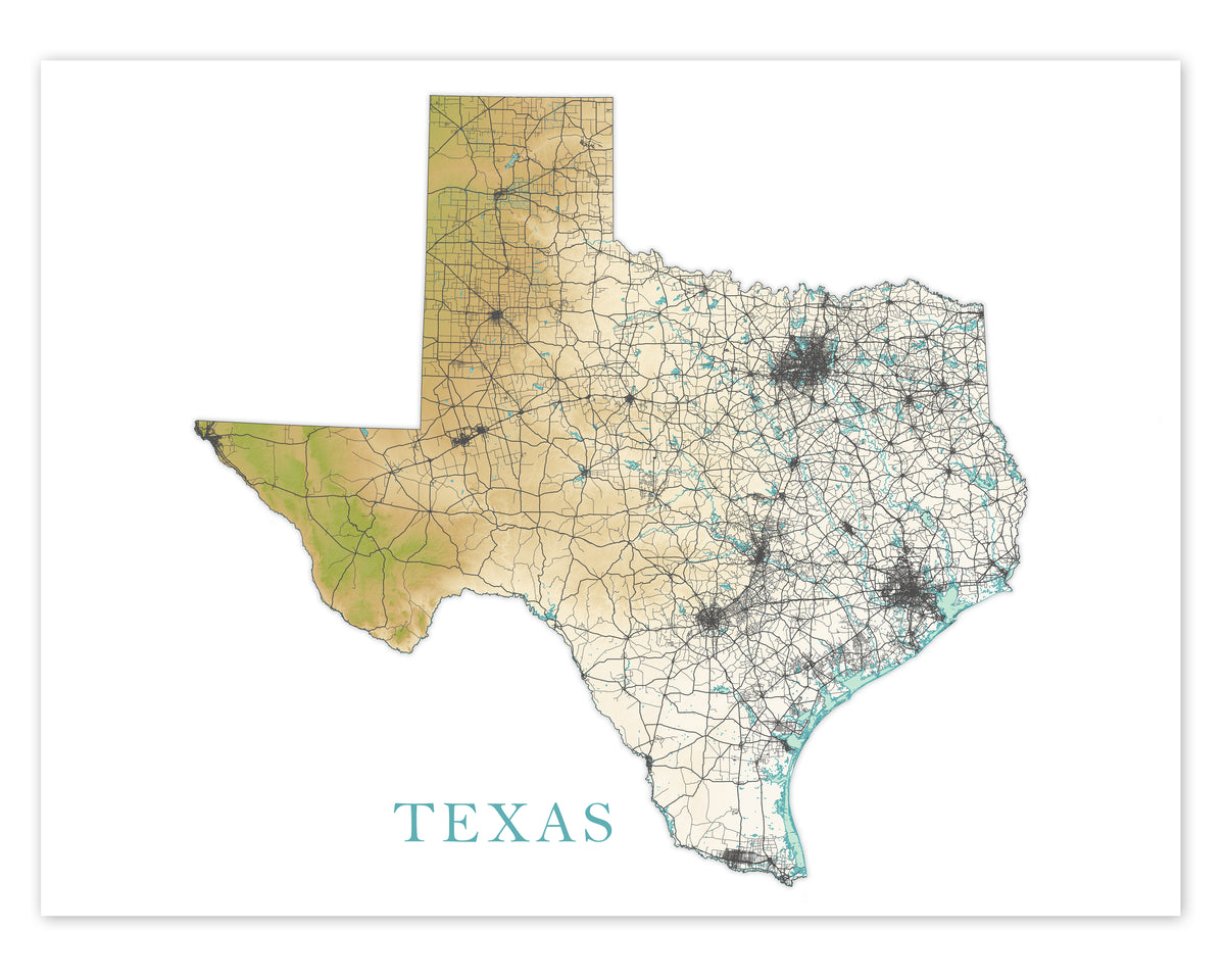 Texas State Wall Art Map Print Poster, Topographic Terrain Landscape T ...